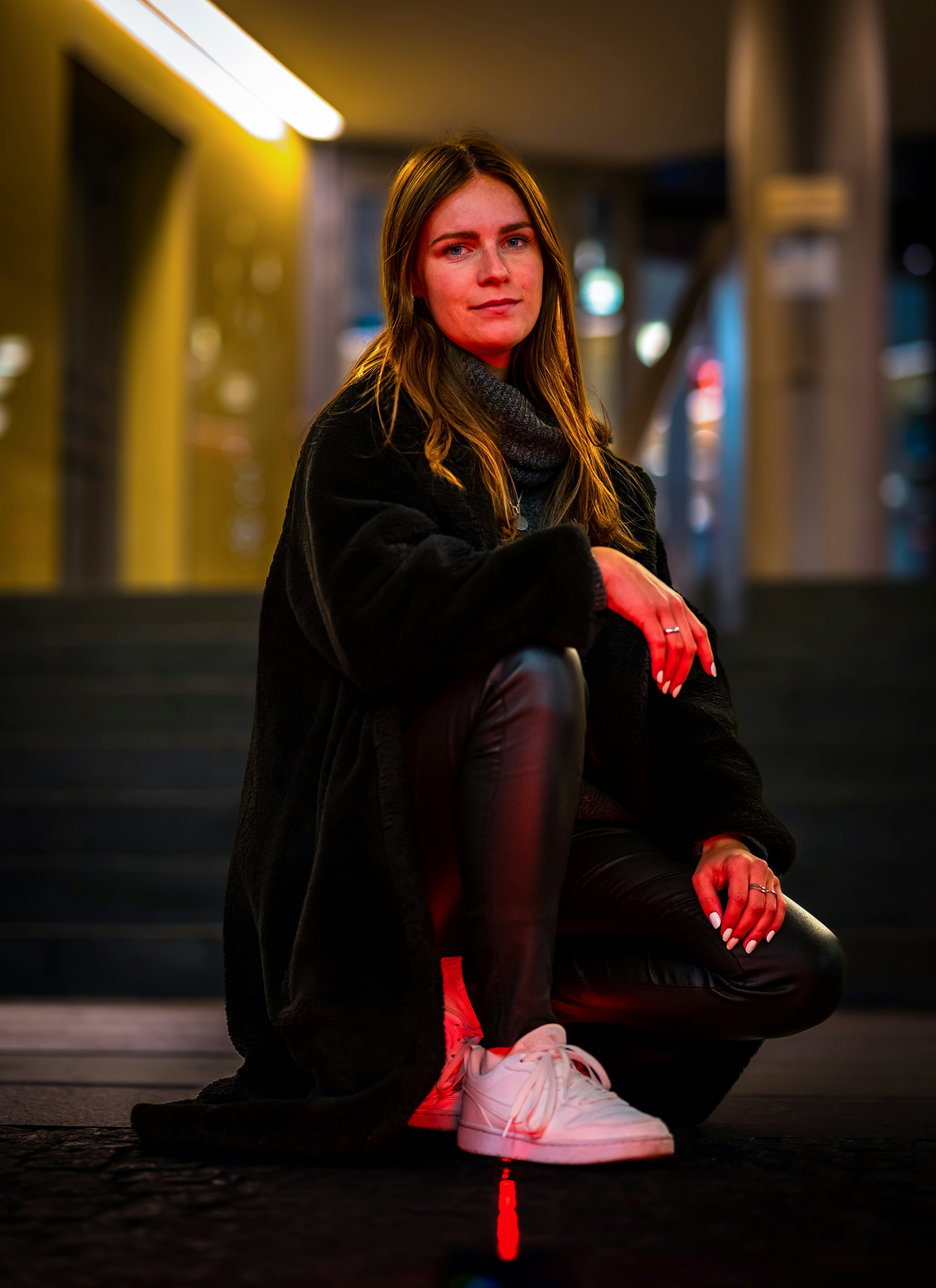 Amber Neon Quiet: A Street-Night Portrait
