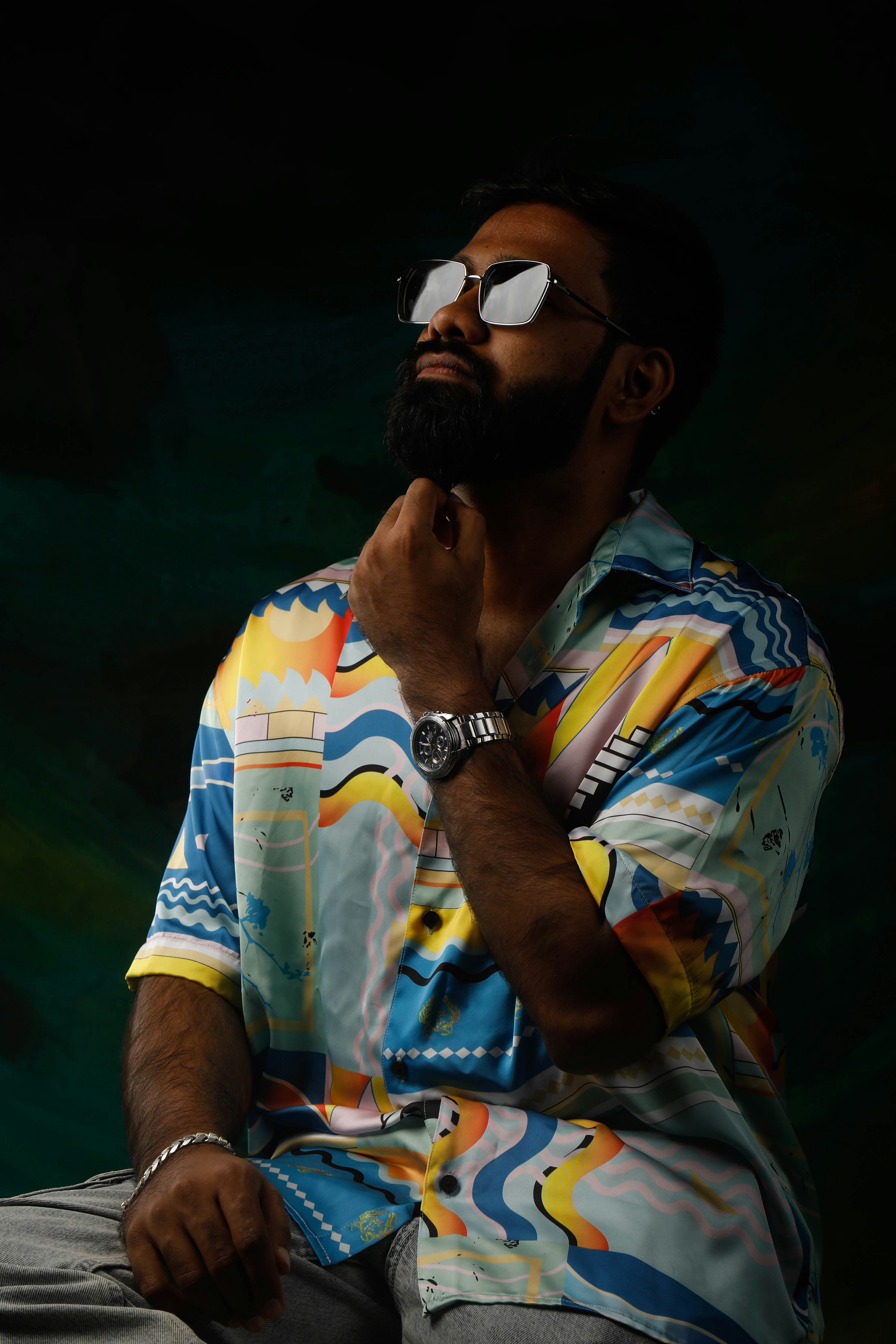 Prismatic Quiet: A Portrait of Confidence in Color and Shadow