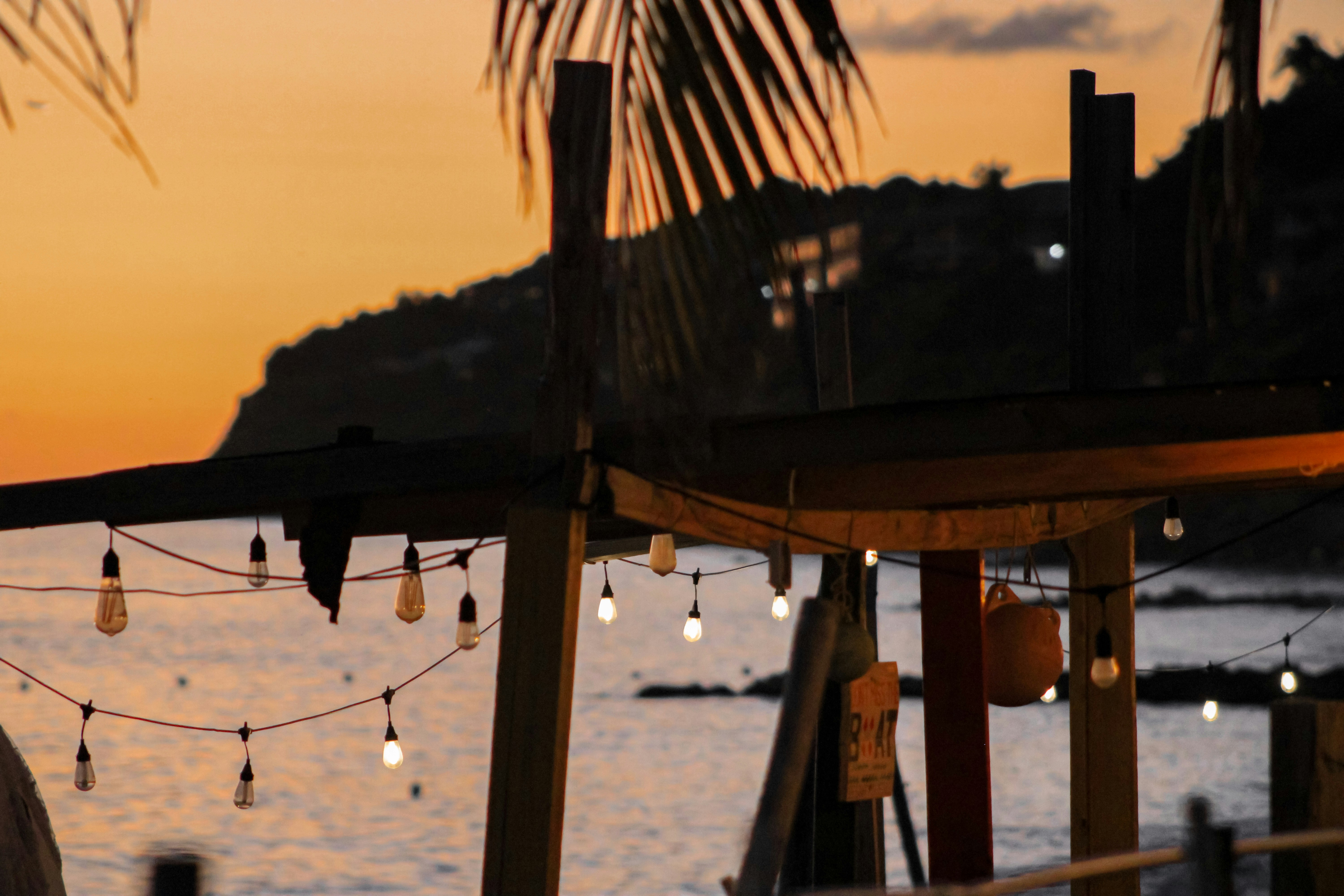 Lantern Strings at Dusk: A Quiet Pier Framed by Palm and Water