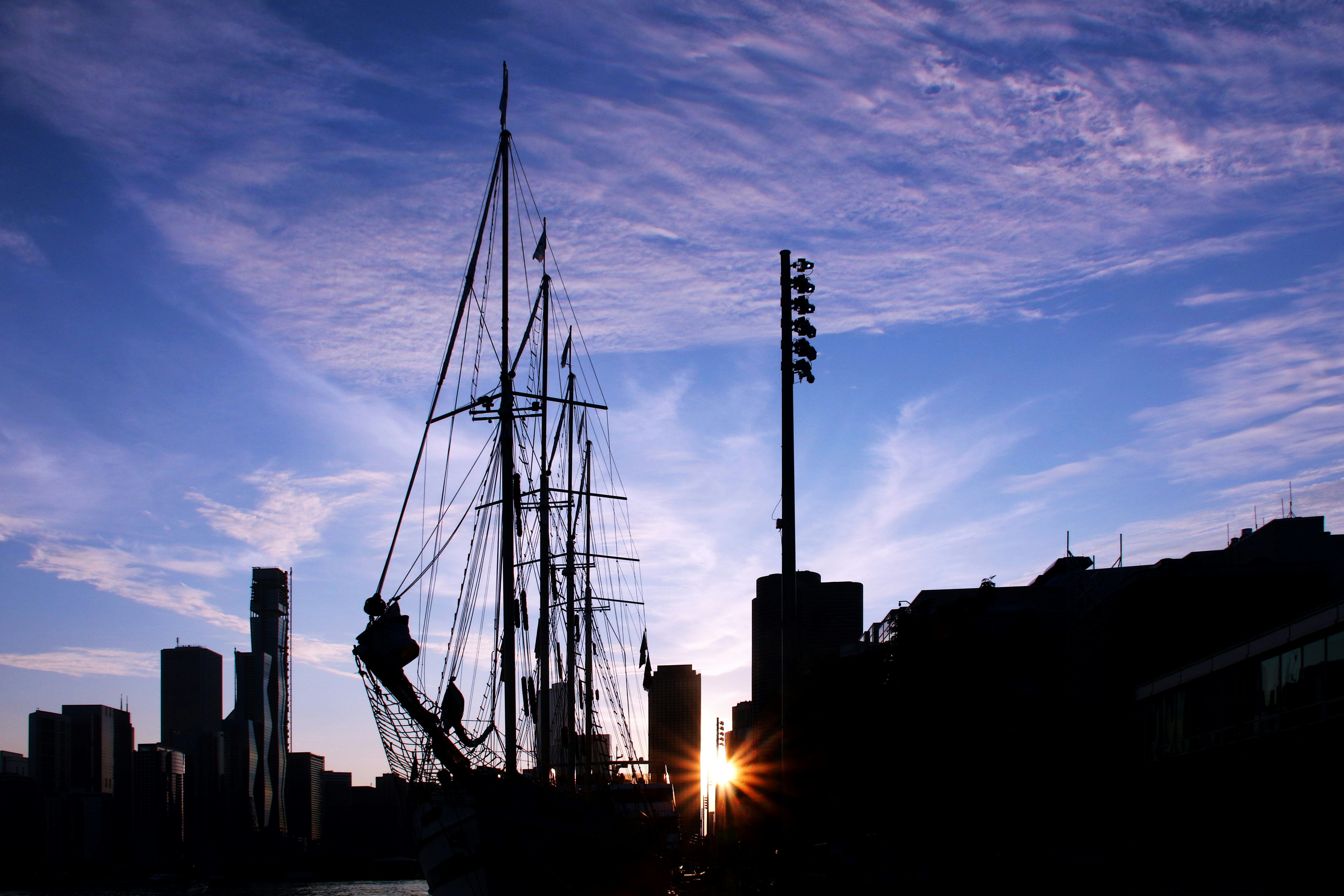 "Chicago Navy Pier" --- Tall ship and Chicago city skyline in silhouette from the Navy Pier.