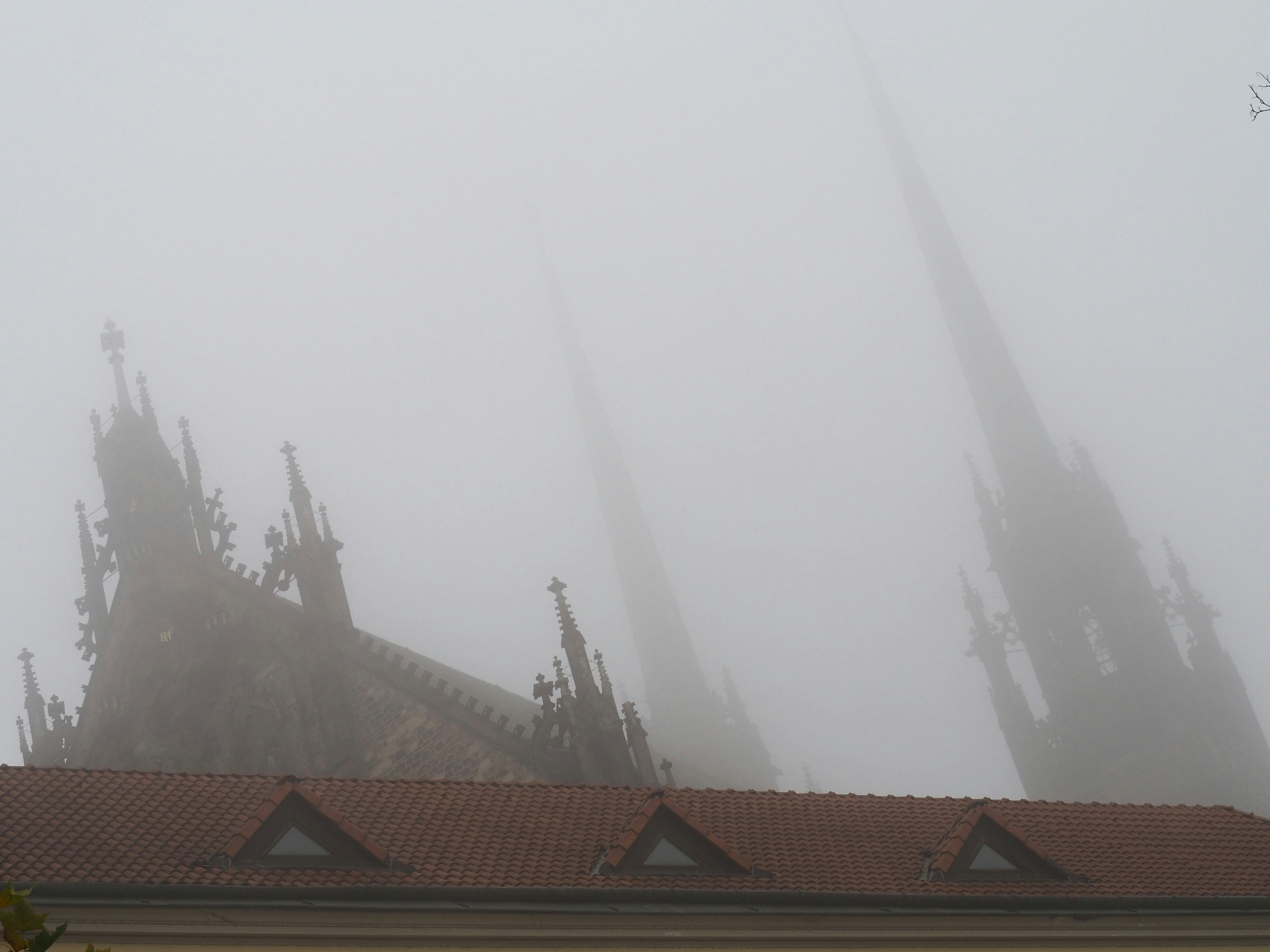 Fog-shrouded Gothic cathedral spires of the Cathedral of St. Peter and Paul in Brno.