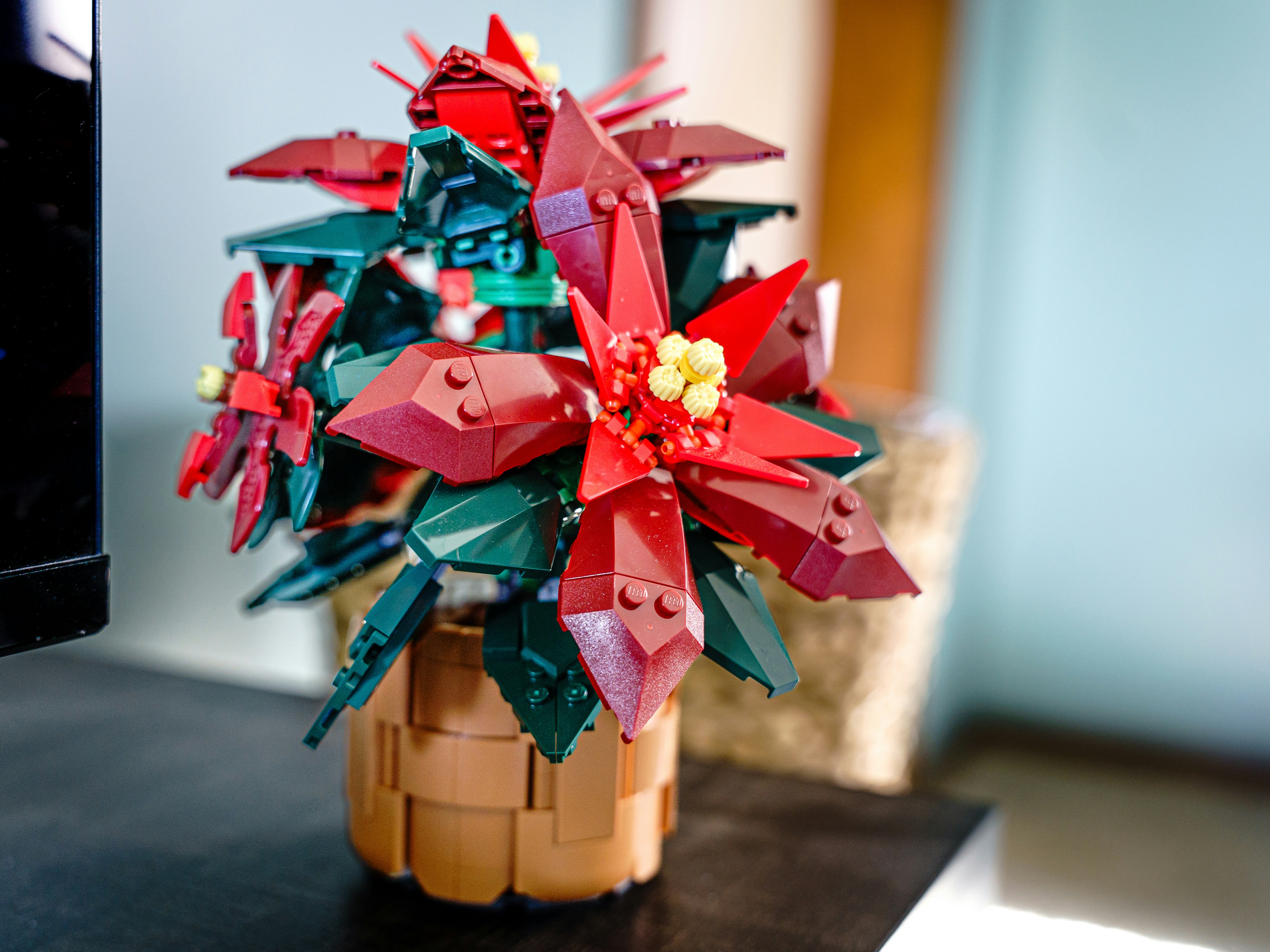 A holiday poinsettia made of Lego on display for the Christmas season.