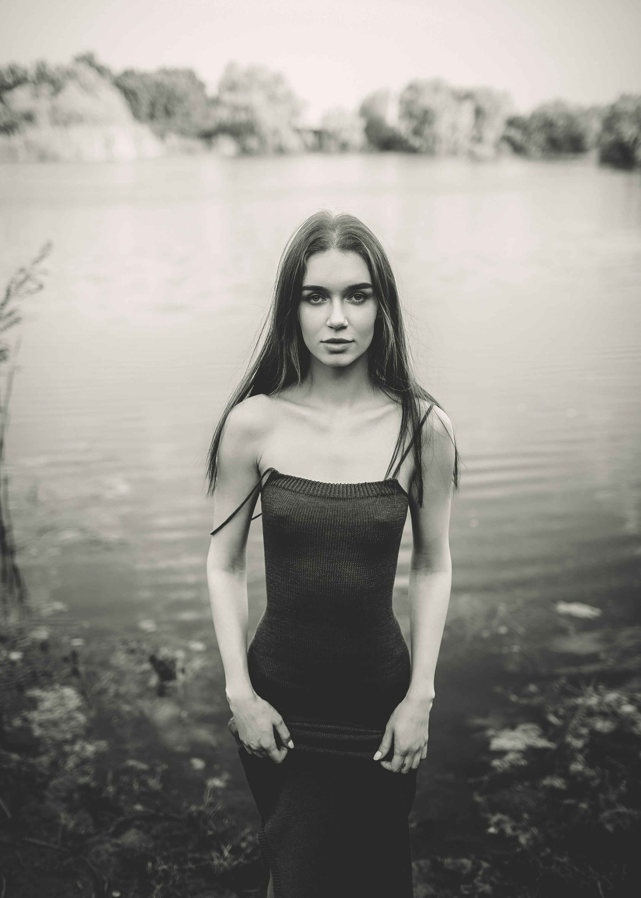 Mono Gaze by the Lake: A Poised Portrait in Quiet Light