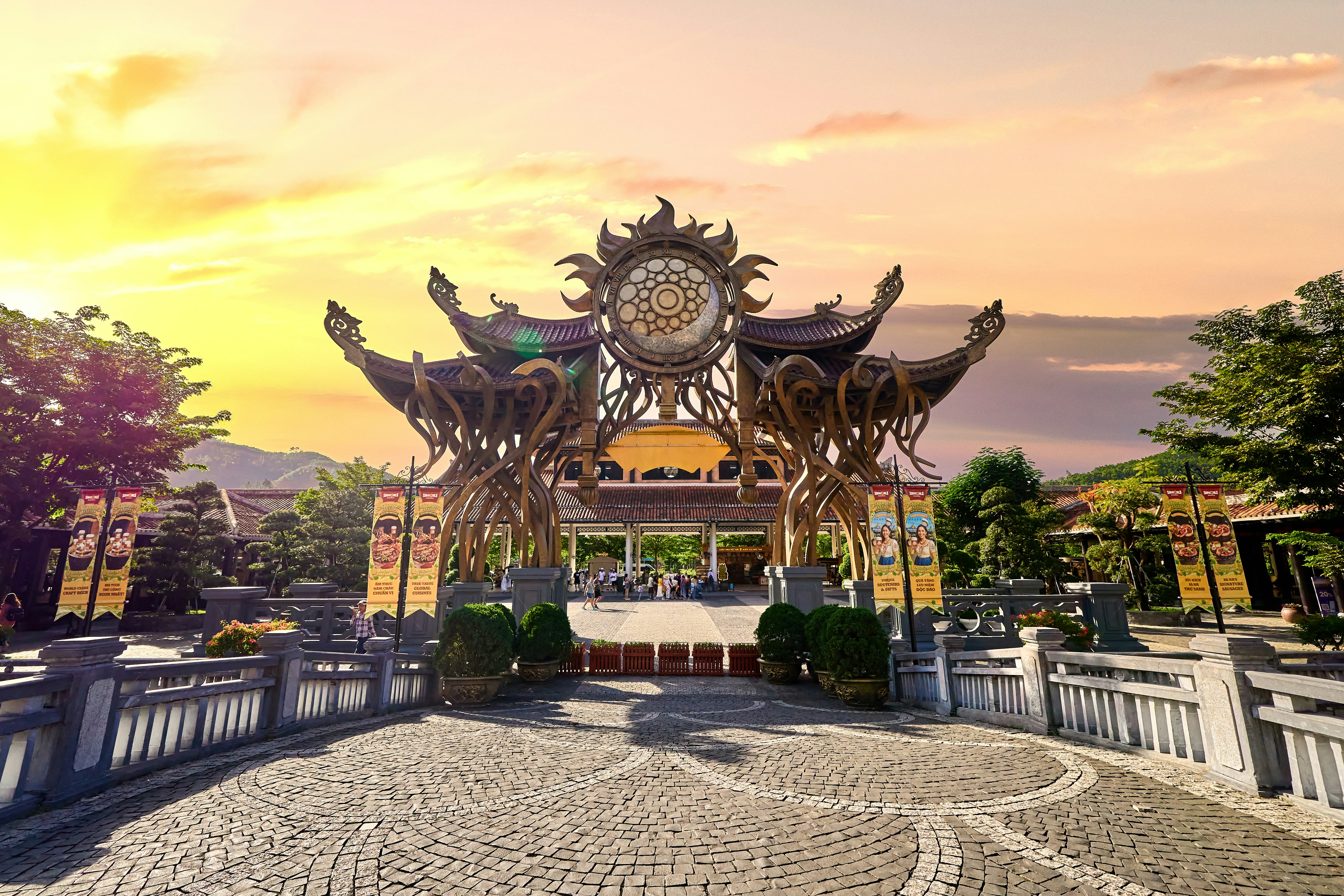 Sunlit Dragon Gate: Ceremonial Plaza at Golden Hour