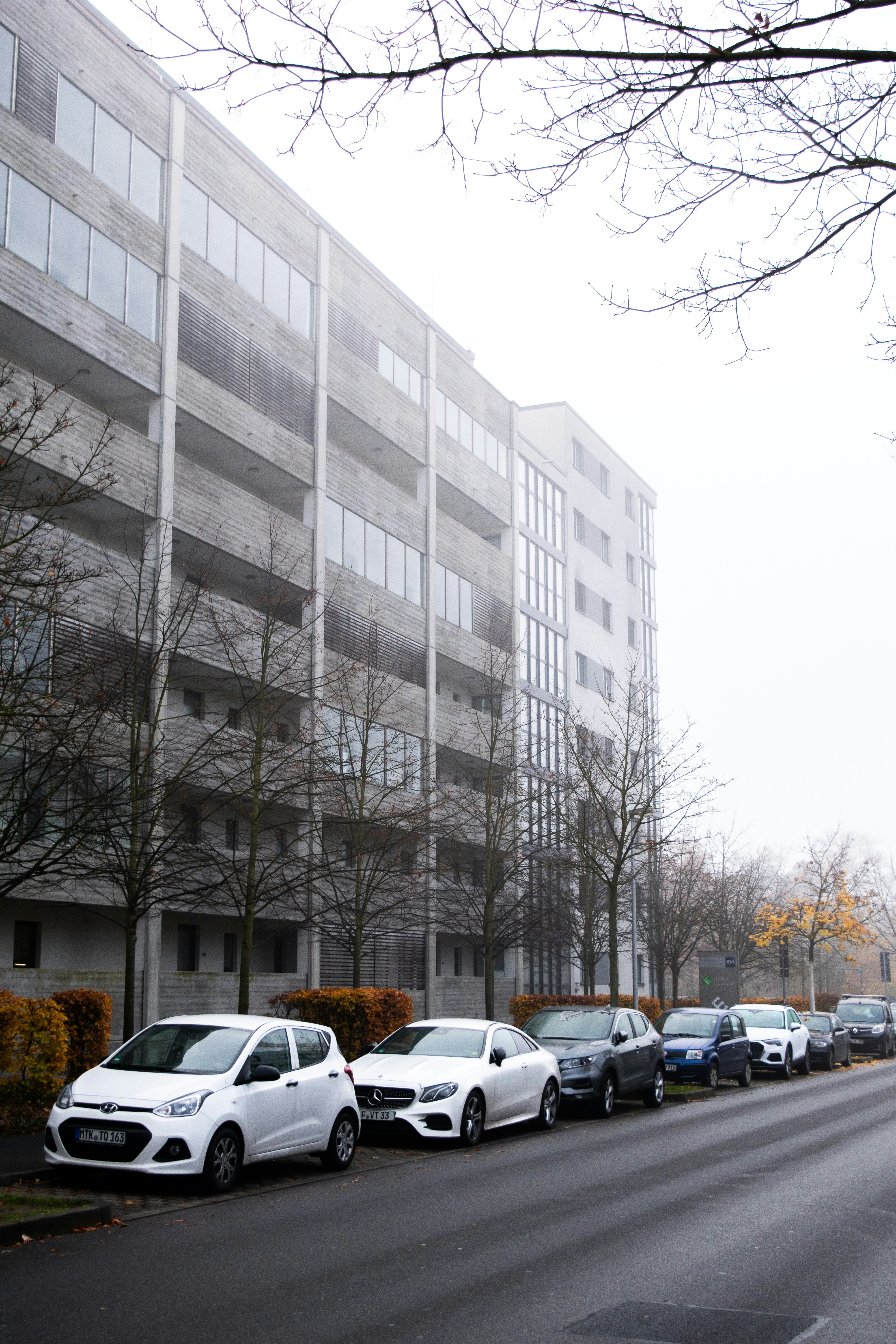 Fog-Blanketed Avenue: Parked Cars Align with a Modern Brick Facade