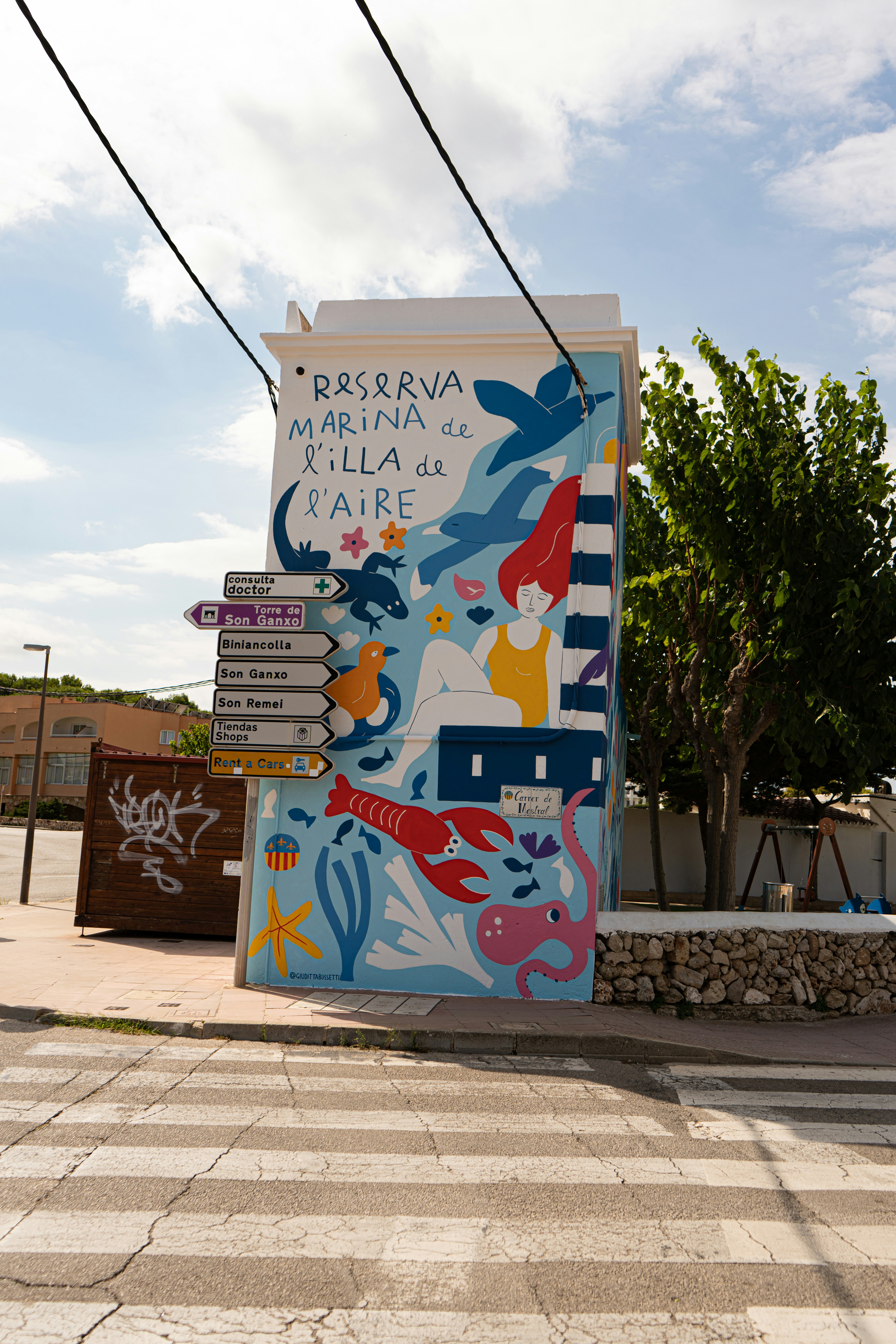 Coastal Fantasia on a Tall Panel: Whimsy of Sea Life and Signposts