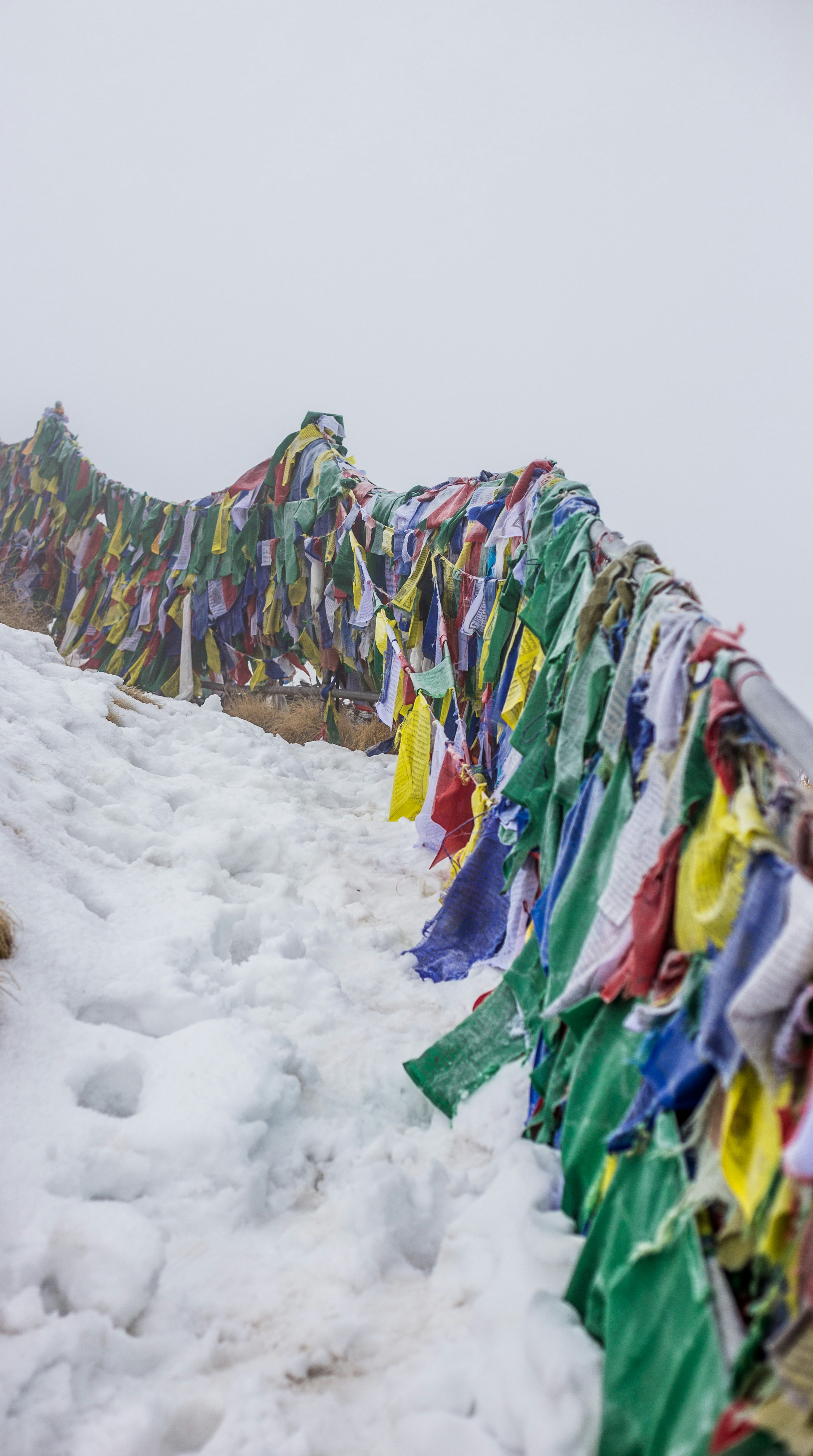 Colorful Prayer Flags Advancing Over a Snowbound Ridge
