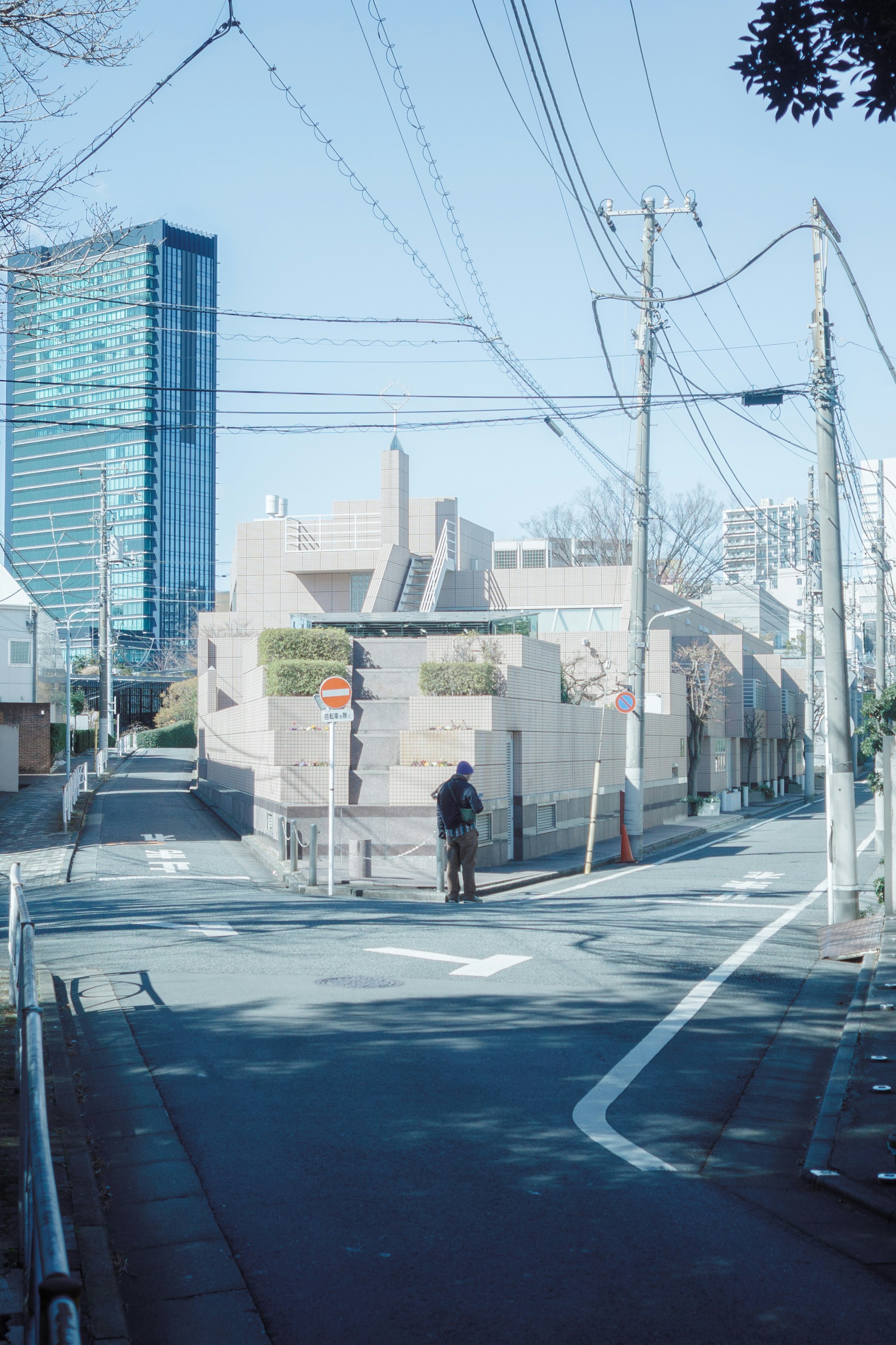 Solitary Pedestrian at a Grid-Lined Urban Crossing