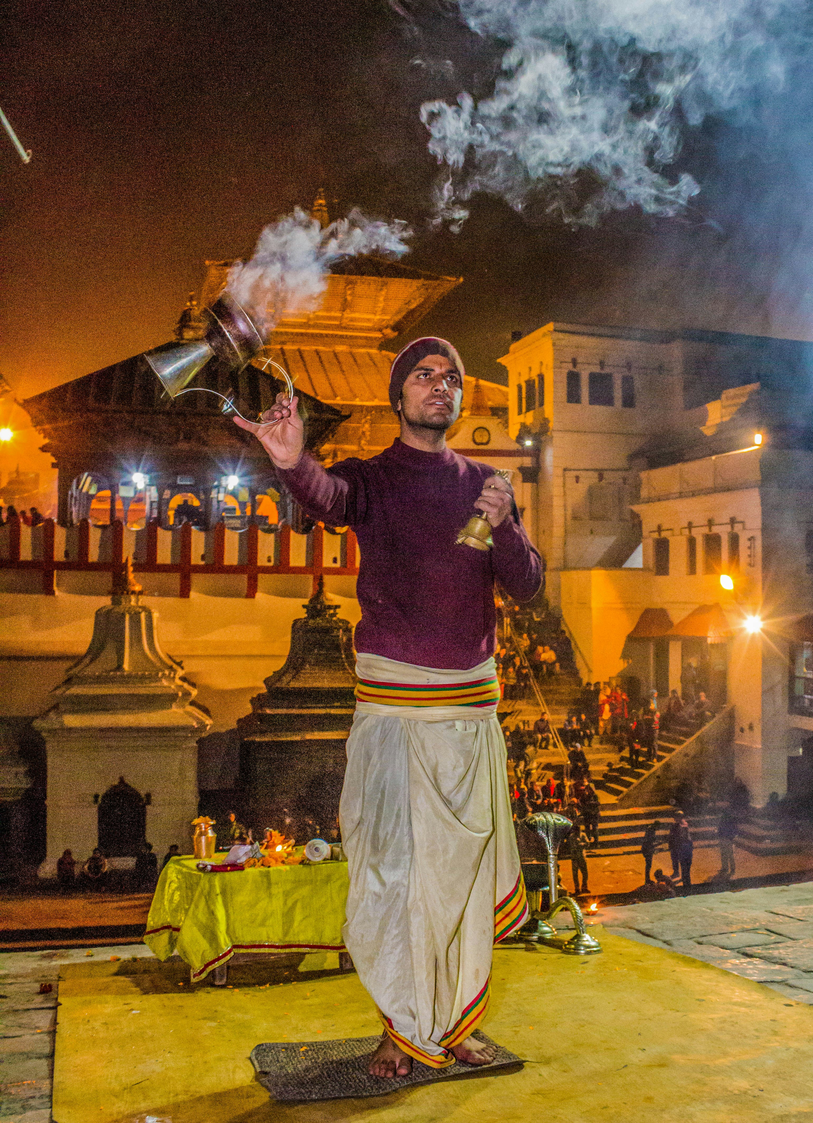 Pujari Performing Evening Aarti at Pashupatinath Temple, Kathmandu