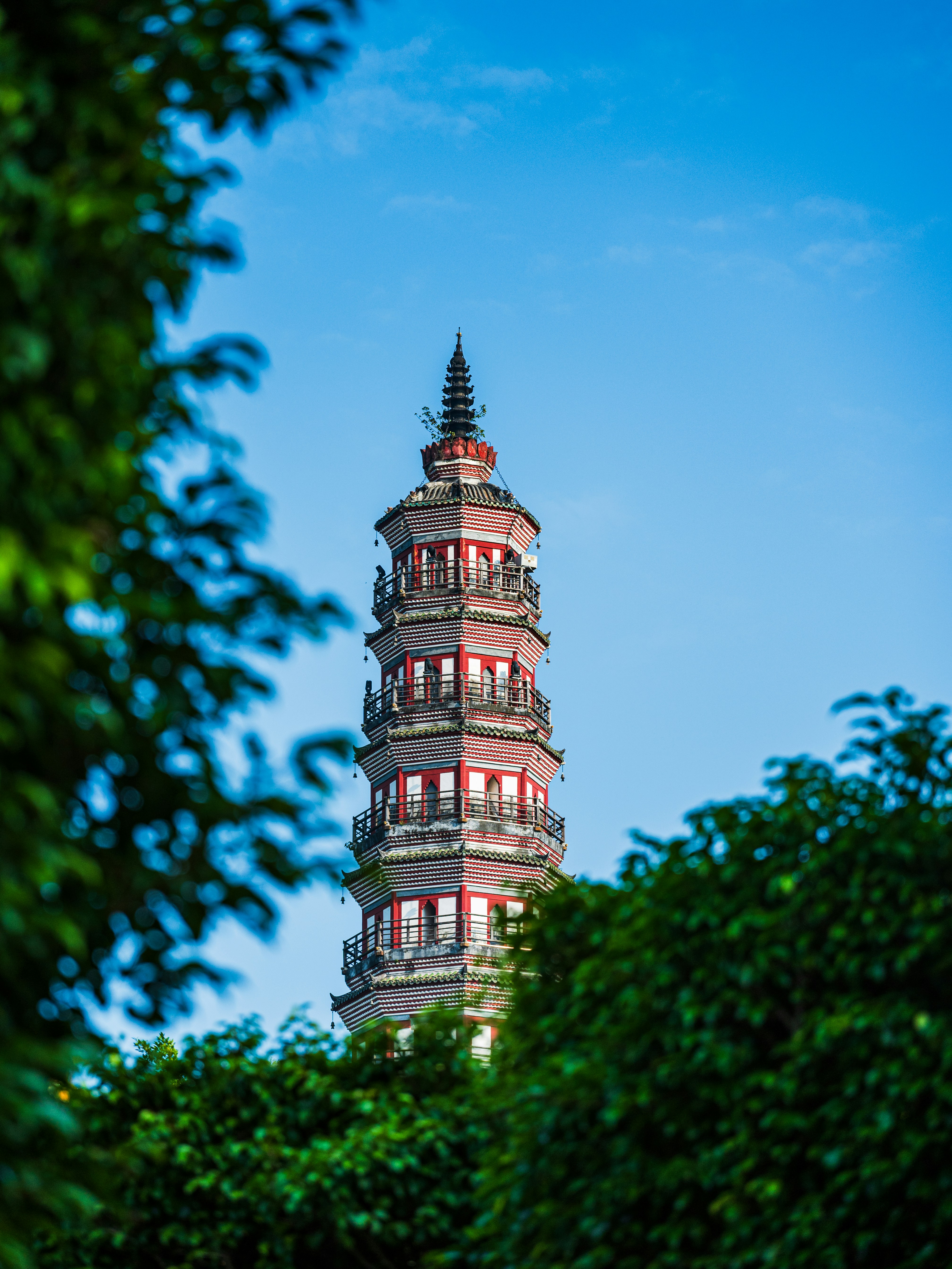 Red-and-White Pagoda Framed by Green Canopy Under a Cerulean Sky
