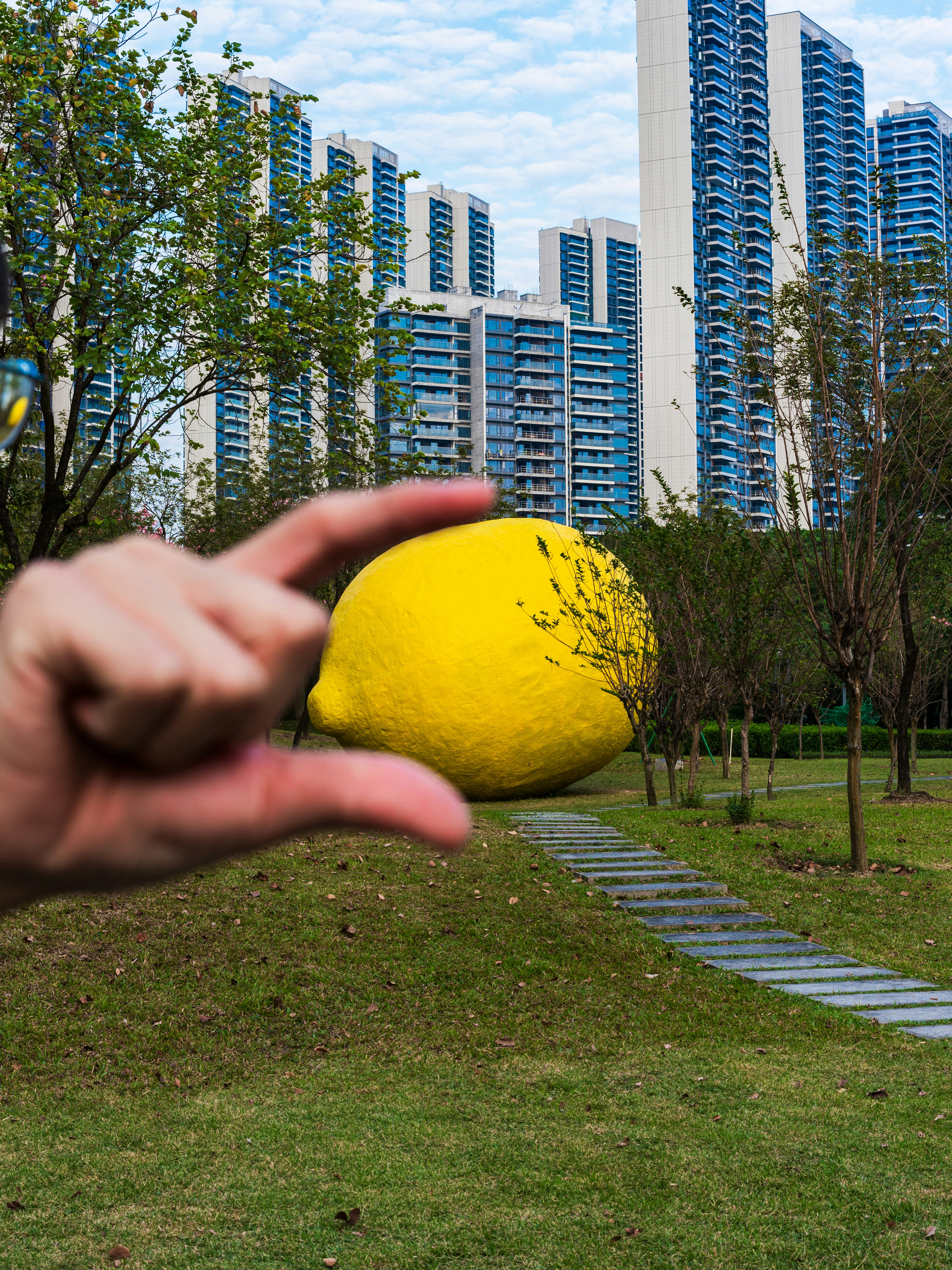 Giant Lemon in a City Park Framed by Skyscrapers