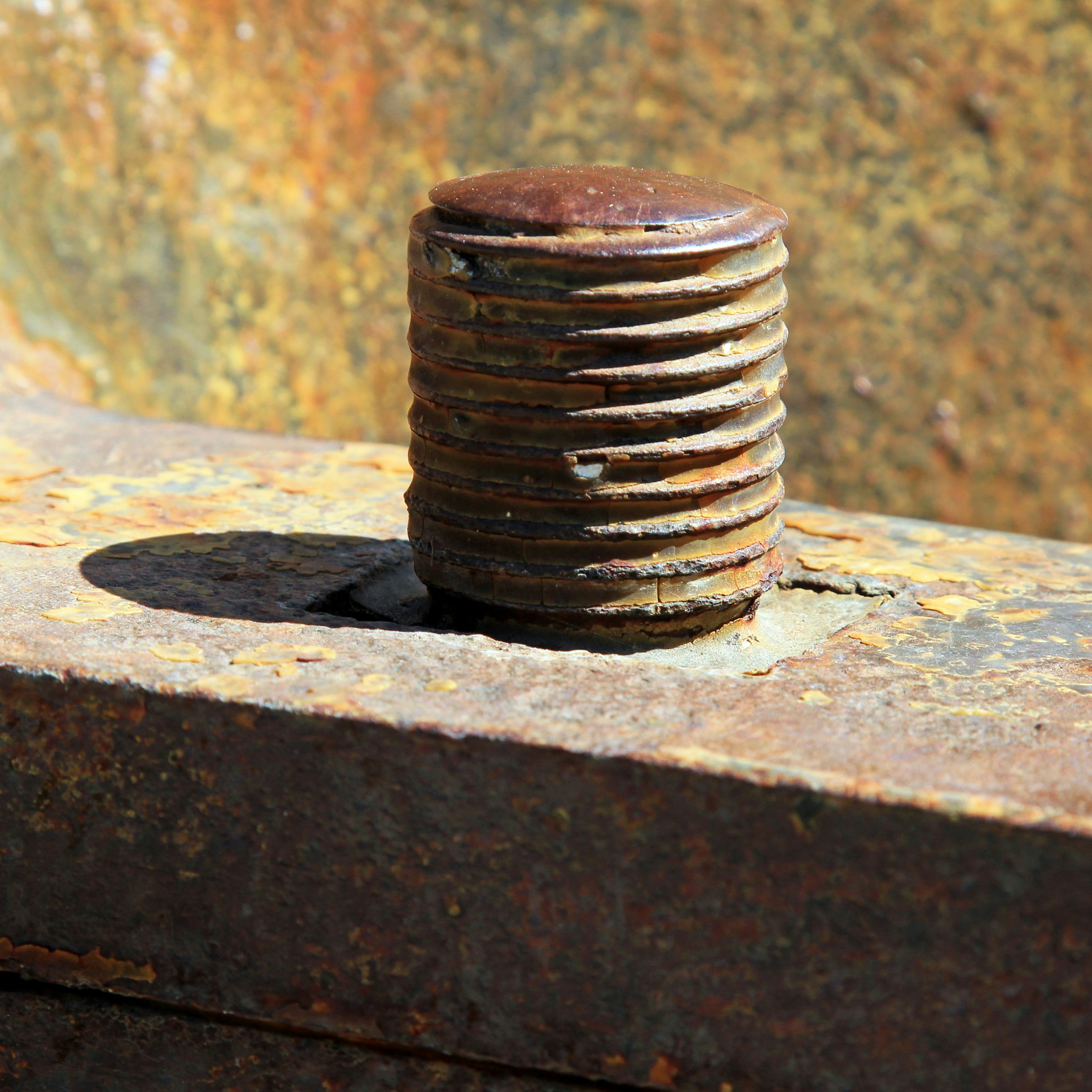 Patina Tower: A lone rusted bolt emerging from a sunlit steel plate