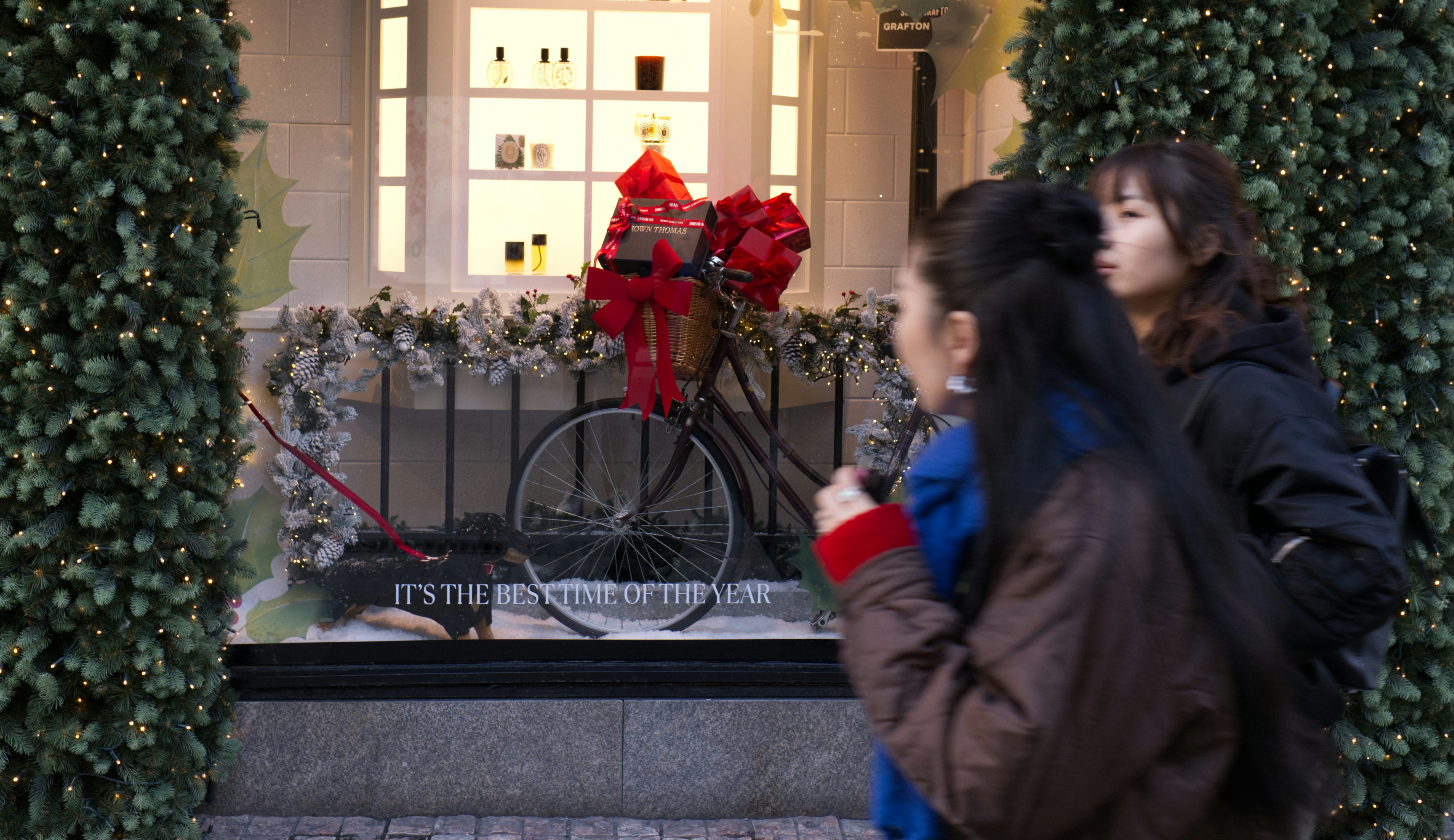 Crimson Bow on a Bicycle: Festive Display in a Glowing Storefront Window