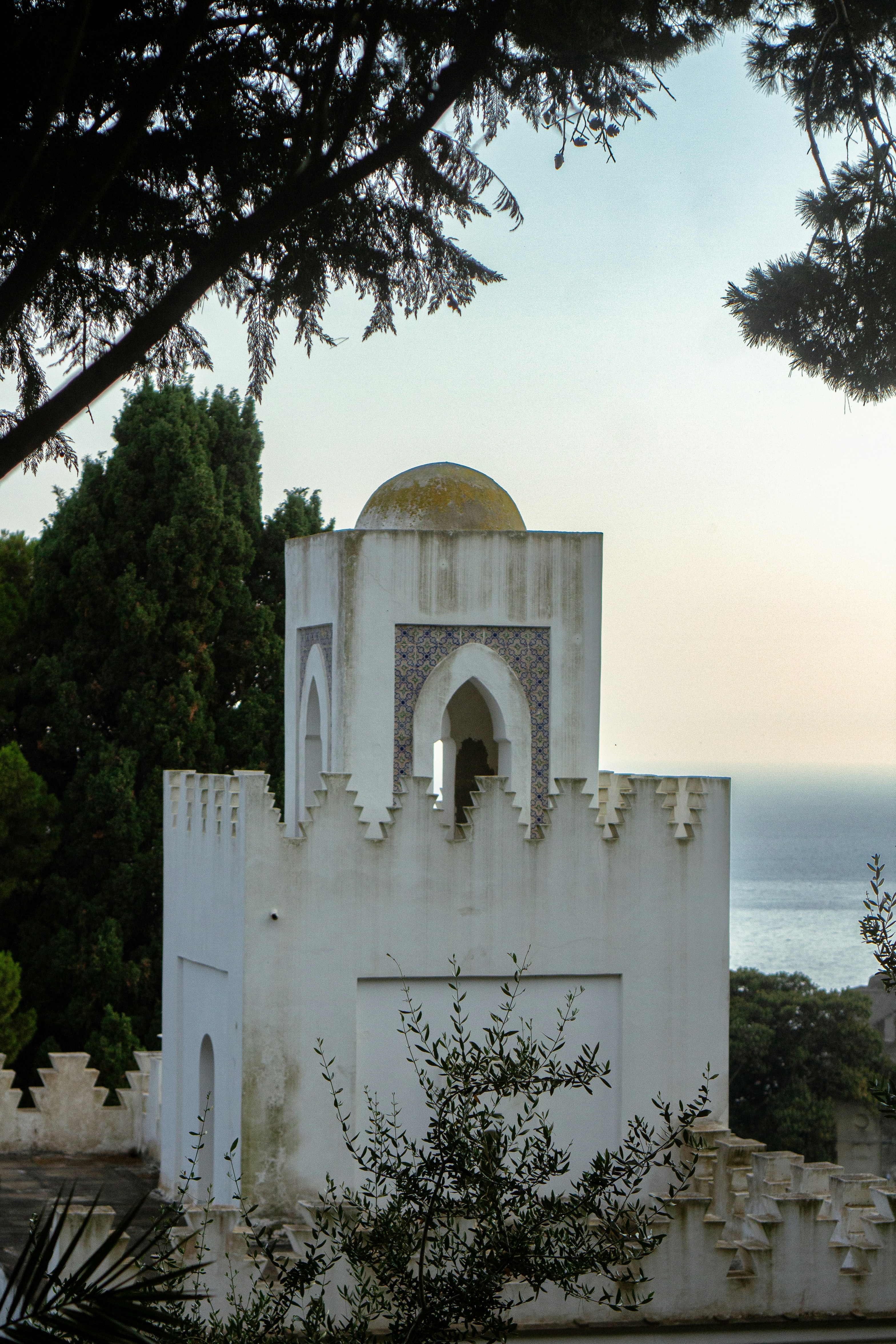 Dawn-Soft Moorish Fortress Framing the Sea