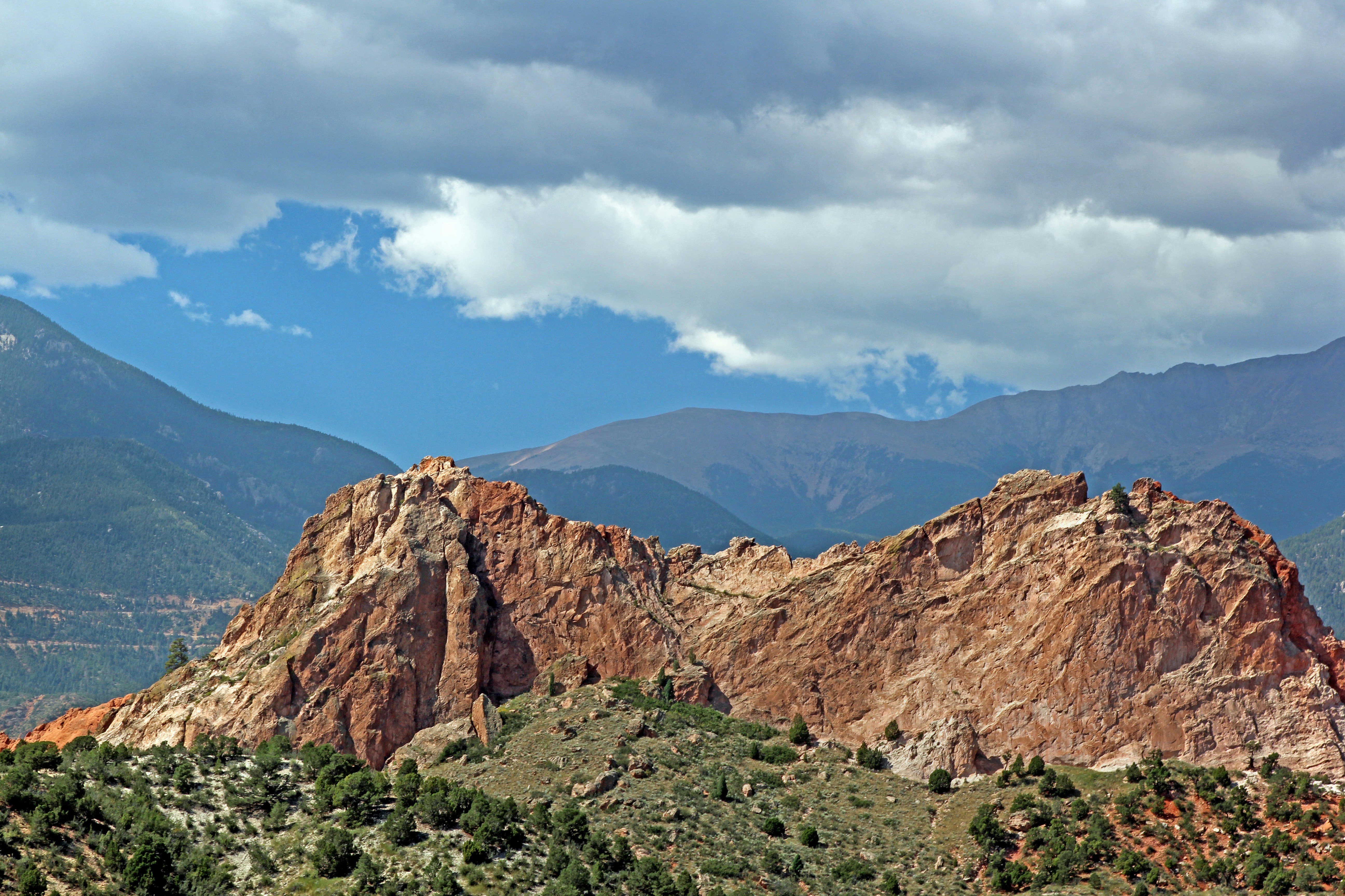 "Cloudy and Rocky" --- Red rock mountains in the Garden of the Gods in Colorado Springs, Colorado, USA.