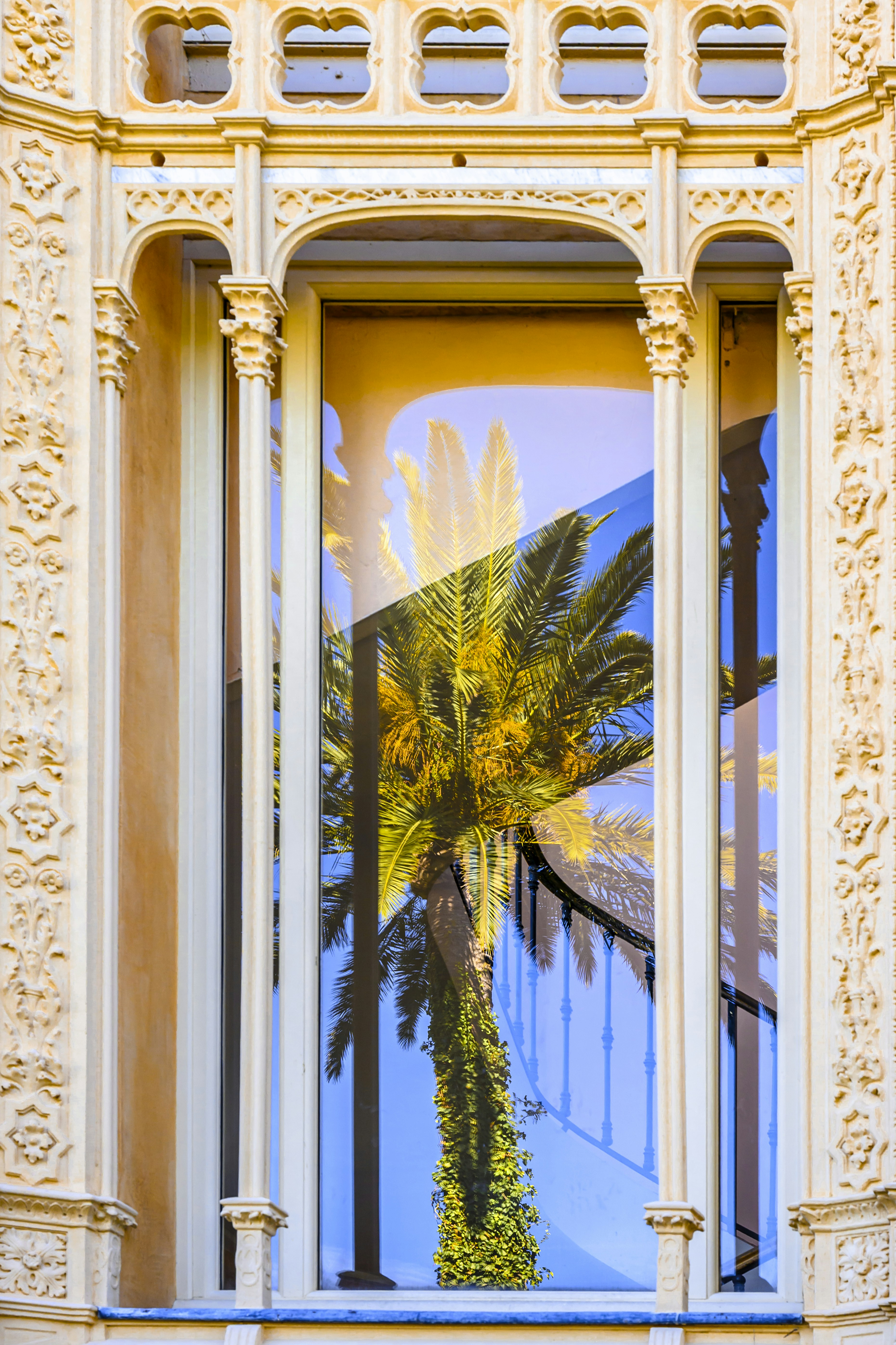 Palm Reflections Behind Gilded Arches