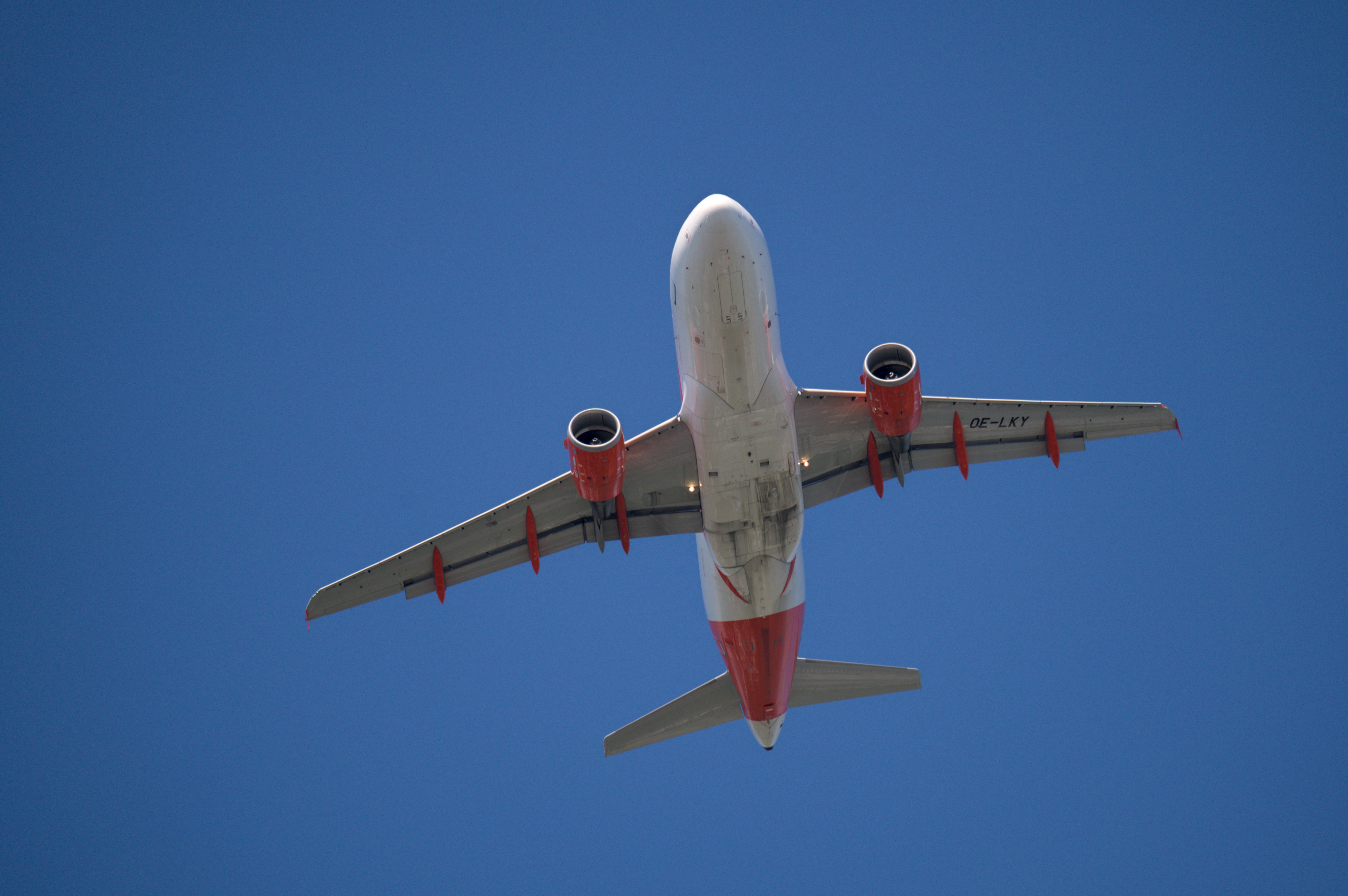 Underside Glide: A red-accented jet against a pristine blue sky