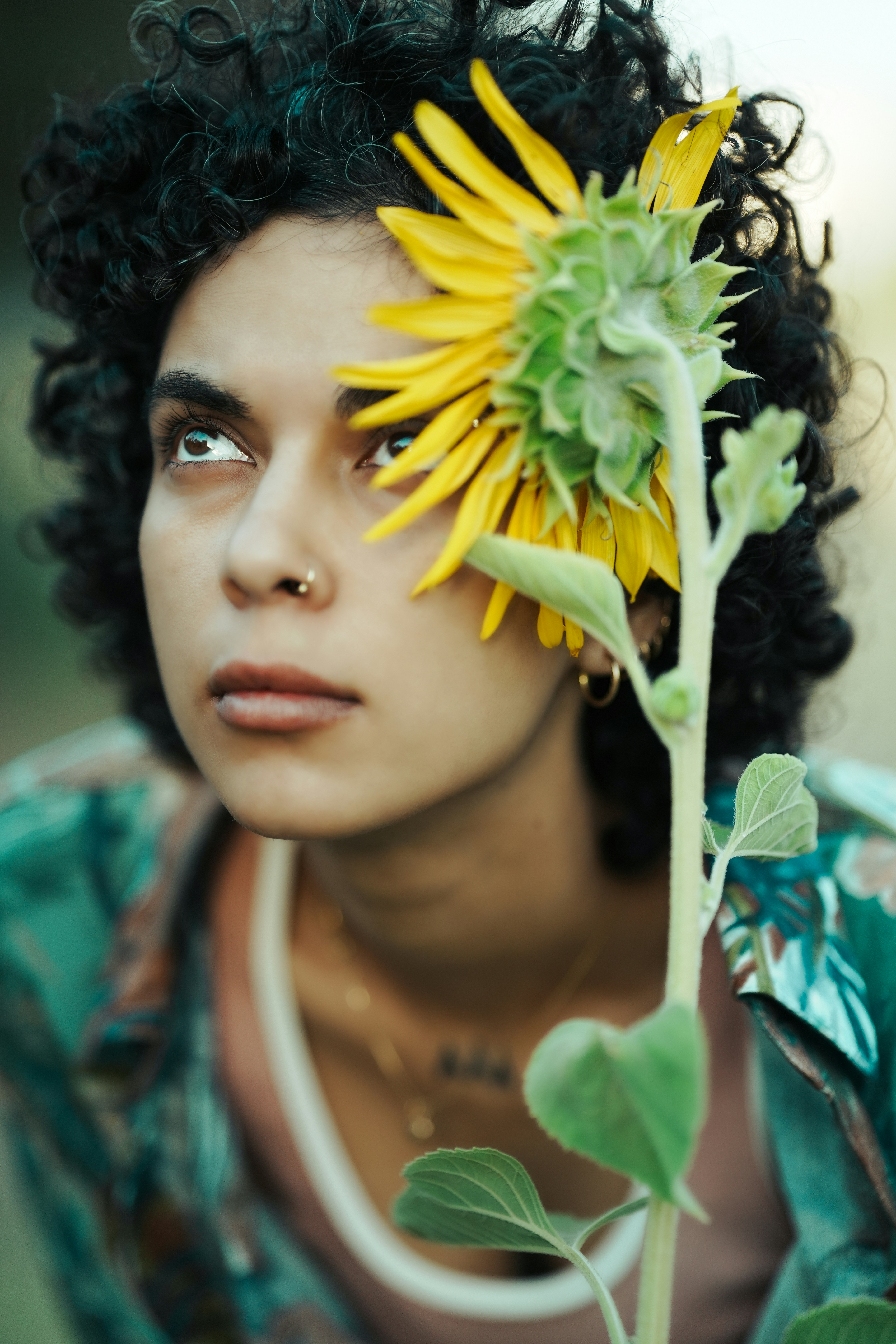 Gaze Among Golden Petals: A Portrait Framed by a Sunflower