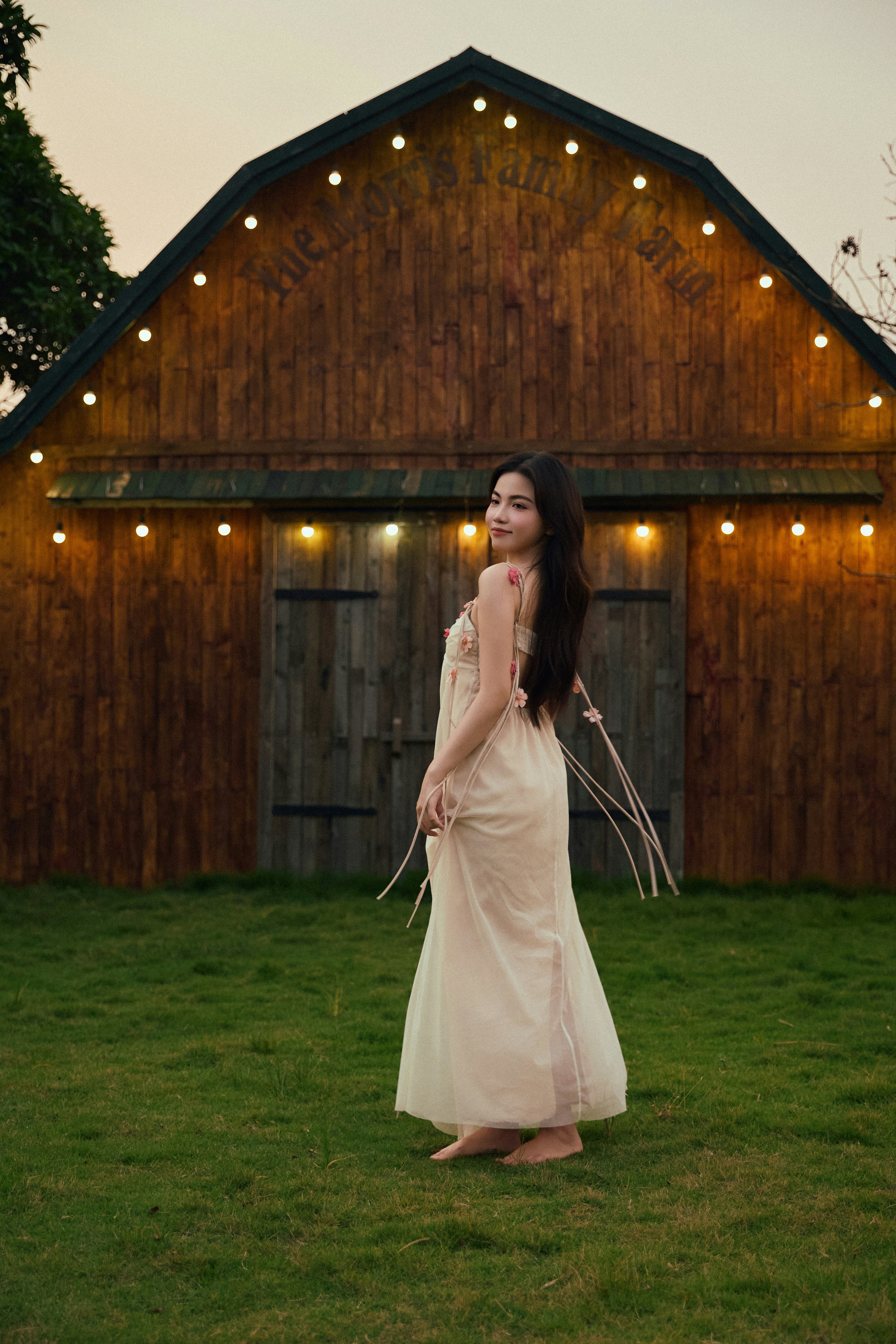 Twilight at the Lantern Barn: Barefoot Portrait in Cream Silk