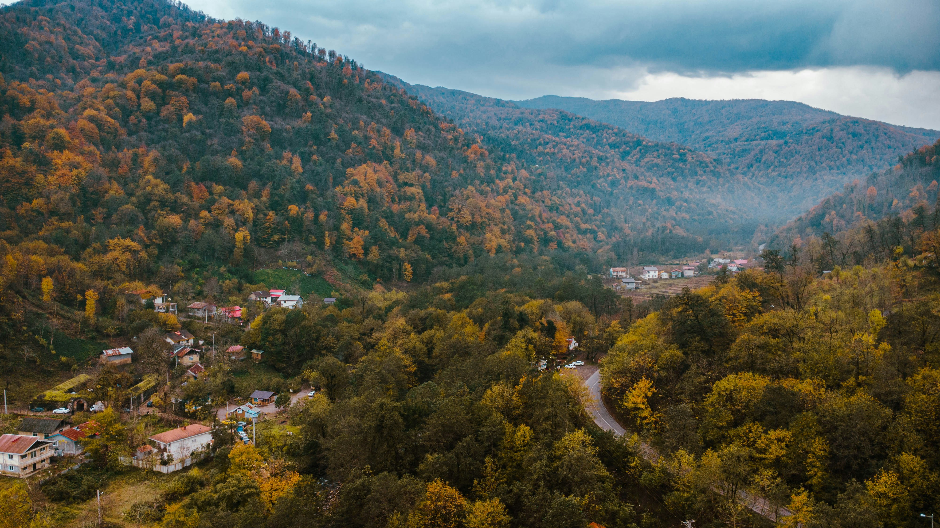 Misty mountains covered in deep autumn tones