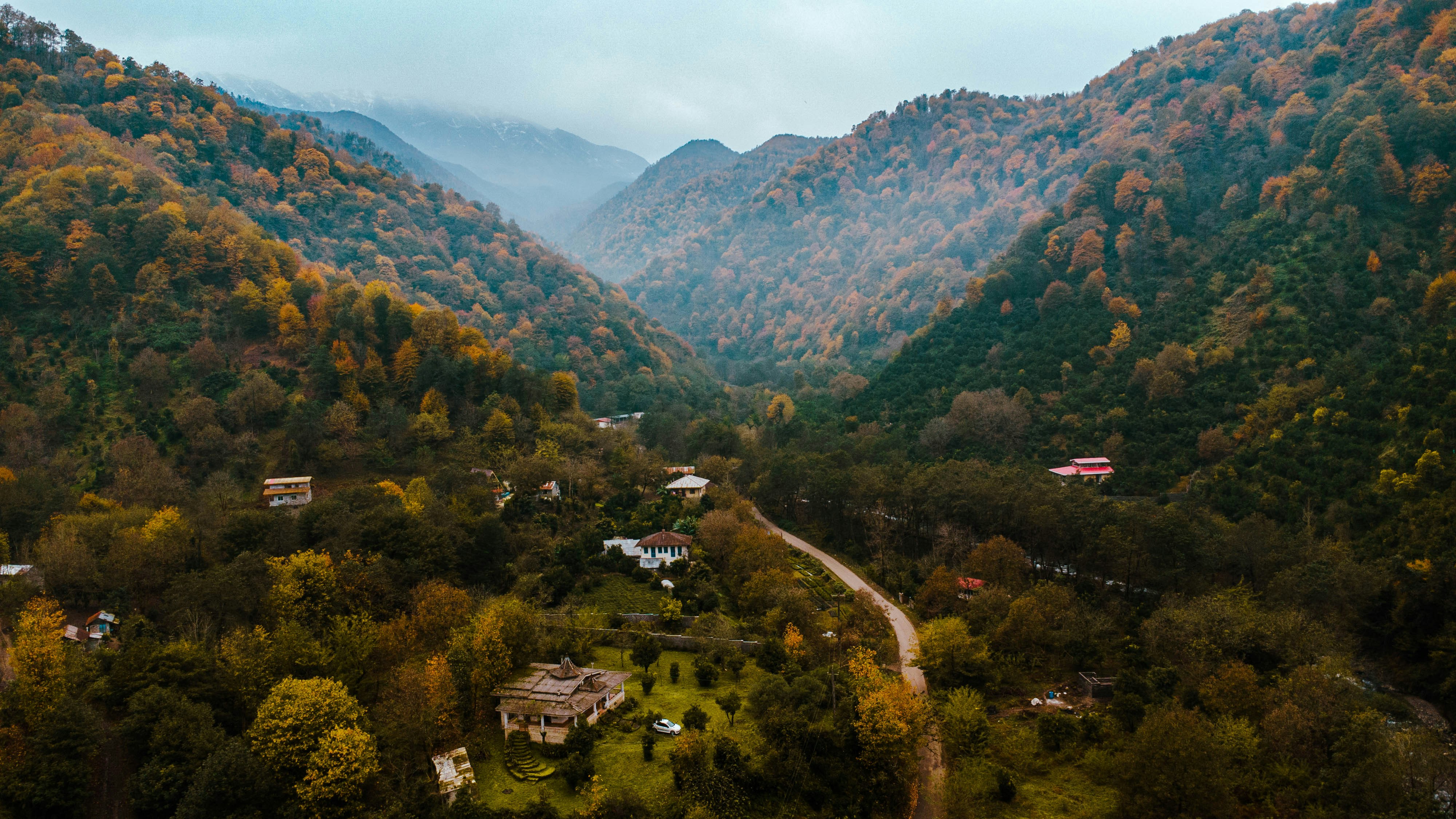 A quiet village surrounded by colorful autumn forest