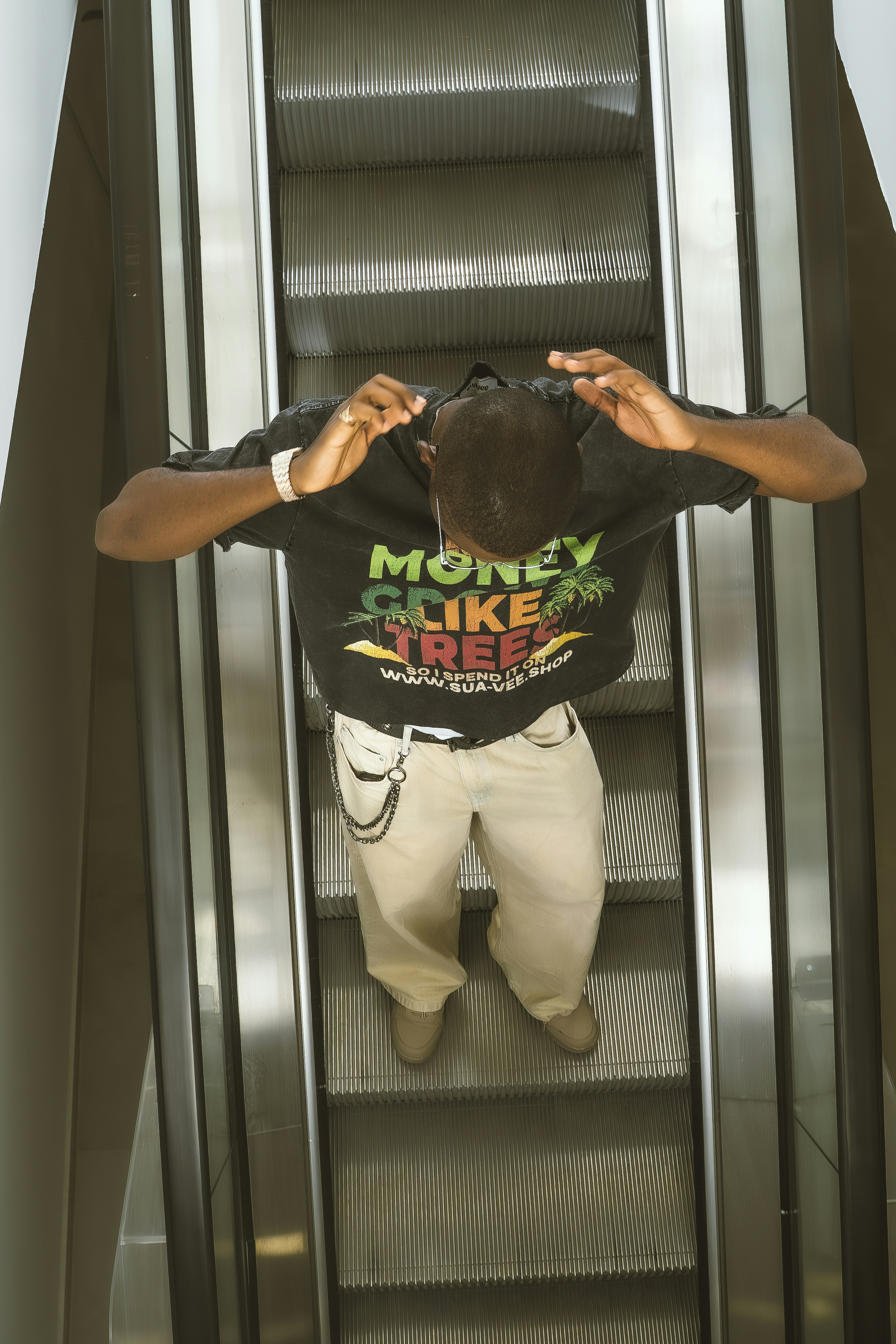 Top-Down Portrait on Moving Steps: A Quiet Streetwear Moment