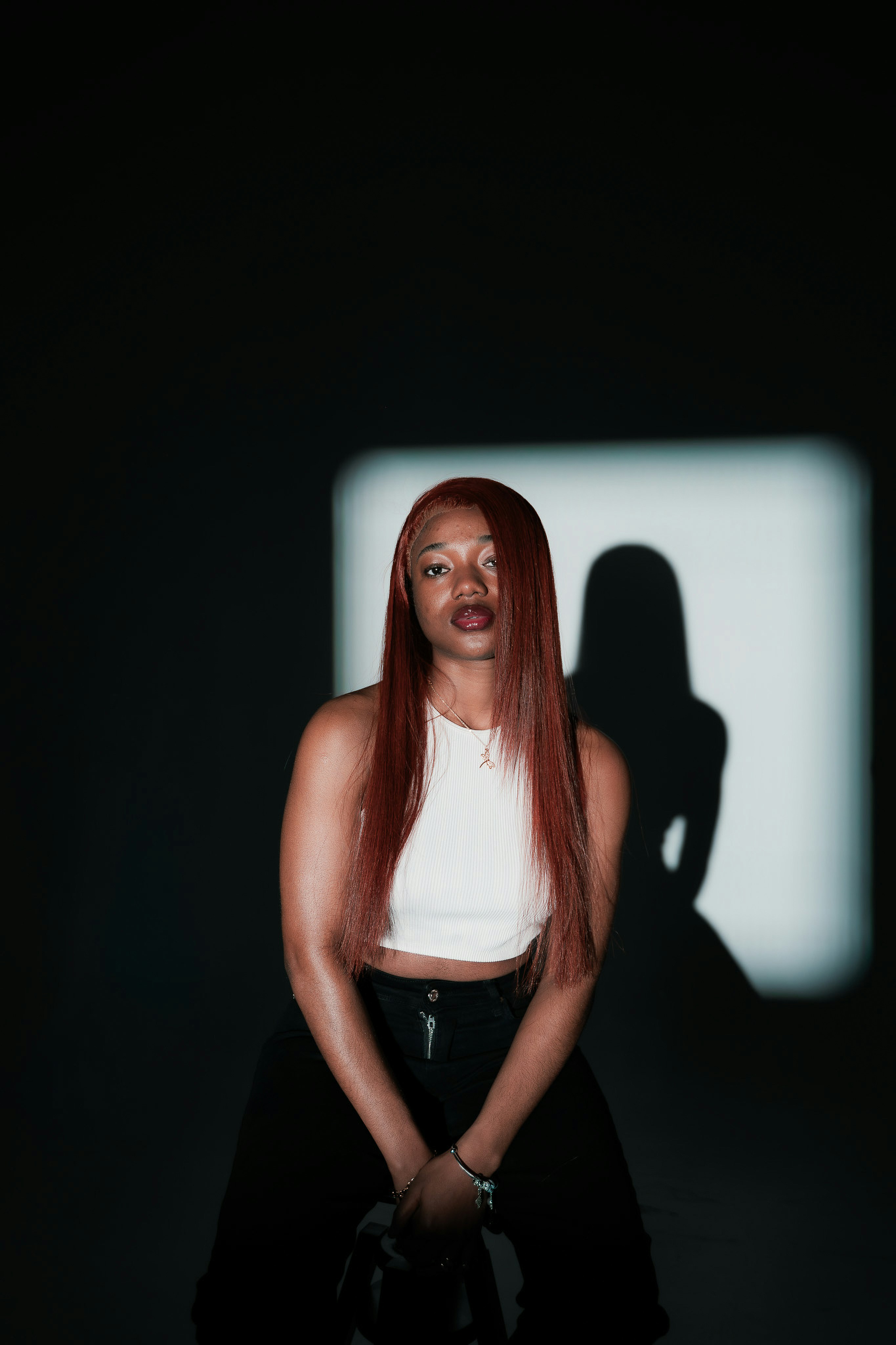 A moody studio portrait of a woman with long, straight hair, illuminated by a focused beam of light against a dark background. Her silhouette casts a striking shadow behind her, creating a dramatic contrast and cinematic atmosphere.