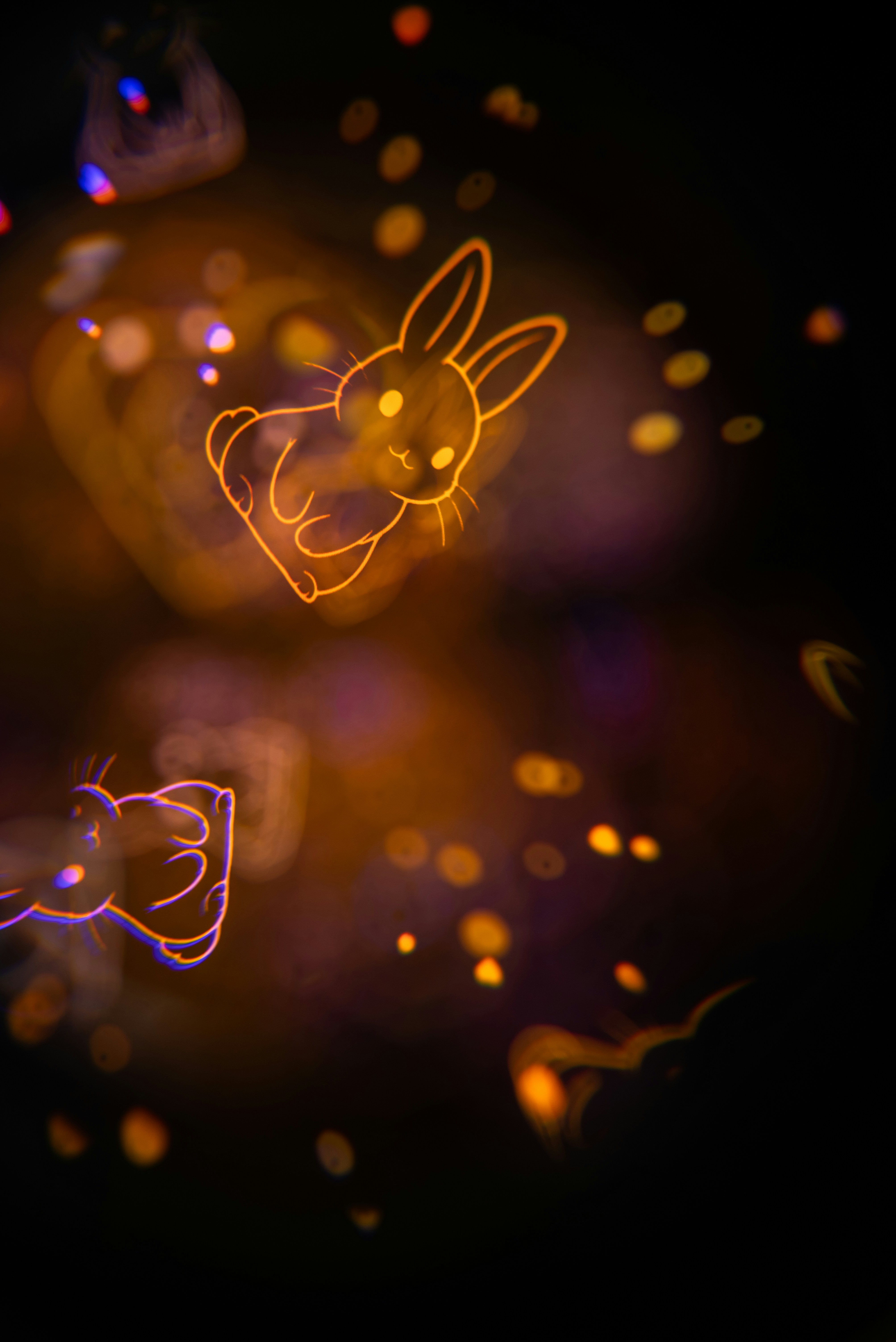 Neon Rabbit Line Art Against Velvet Bokeh