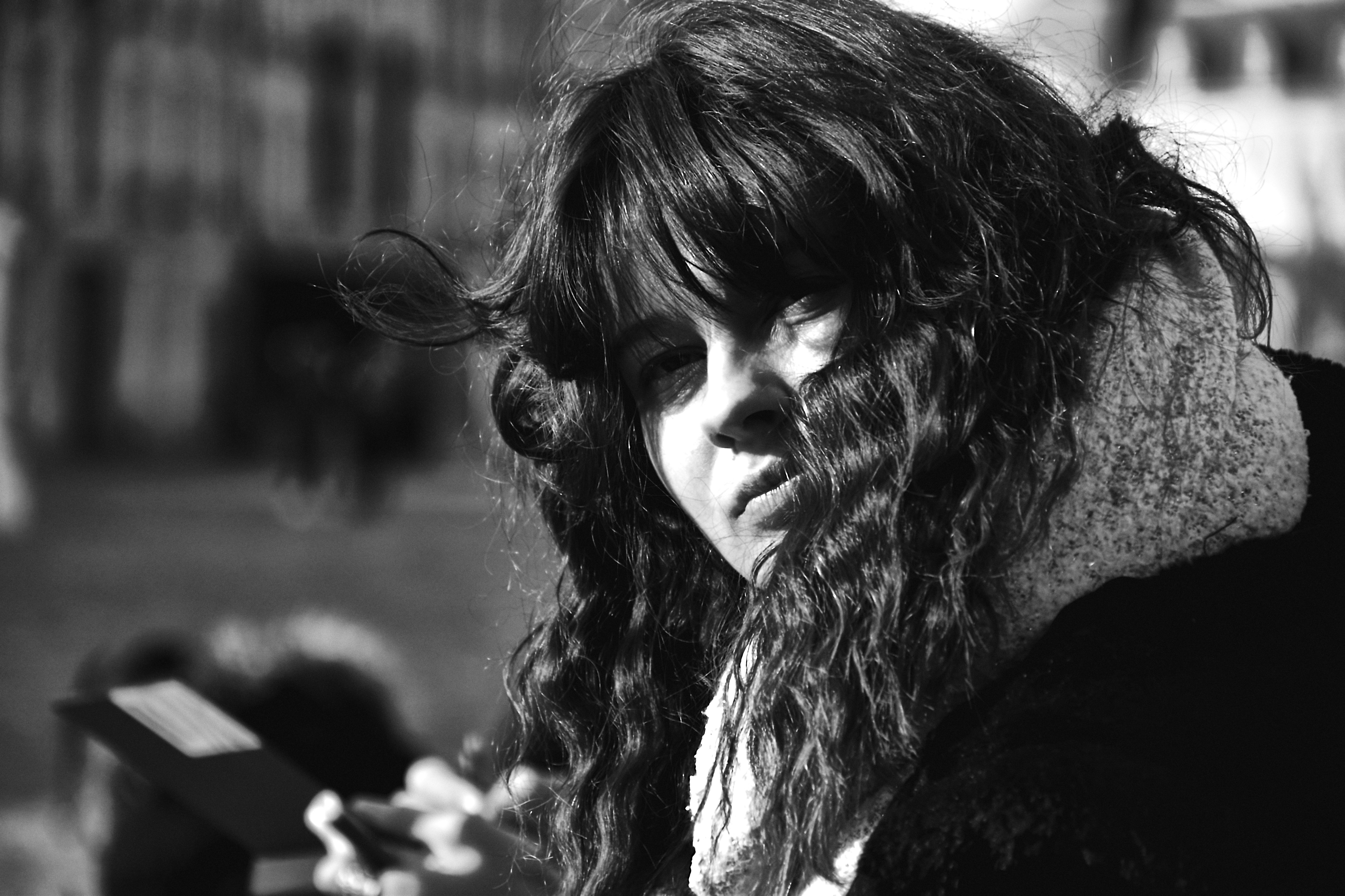 Grayscale Gaze in the City Square