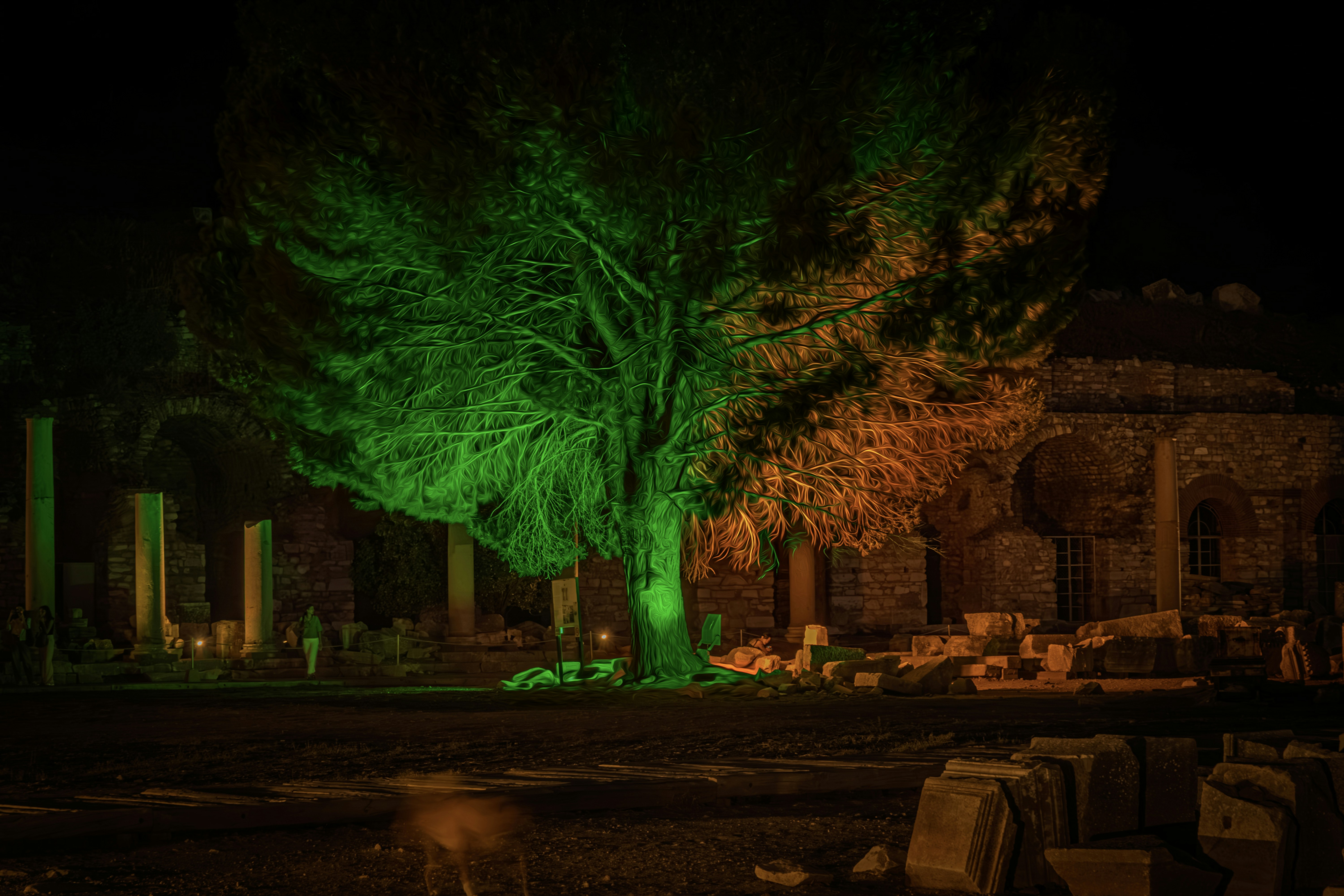 Emerald Sentinel Among Ruins: Night Tree in Dual-Tone Glow