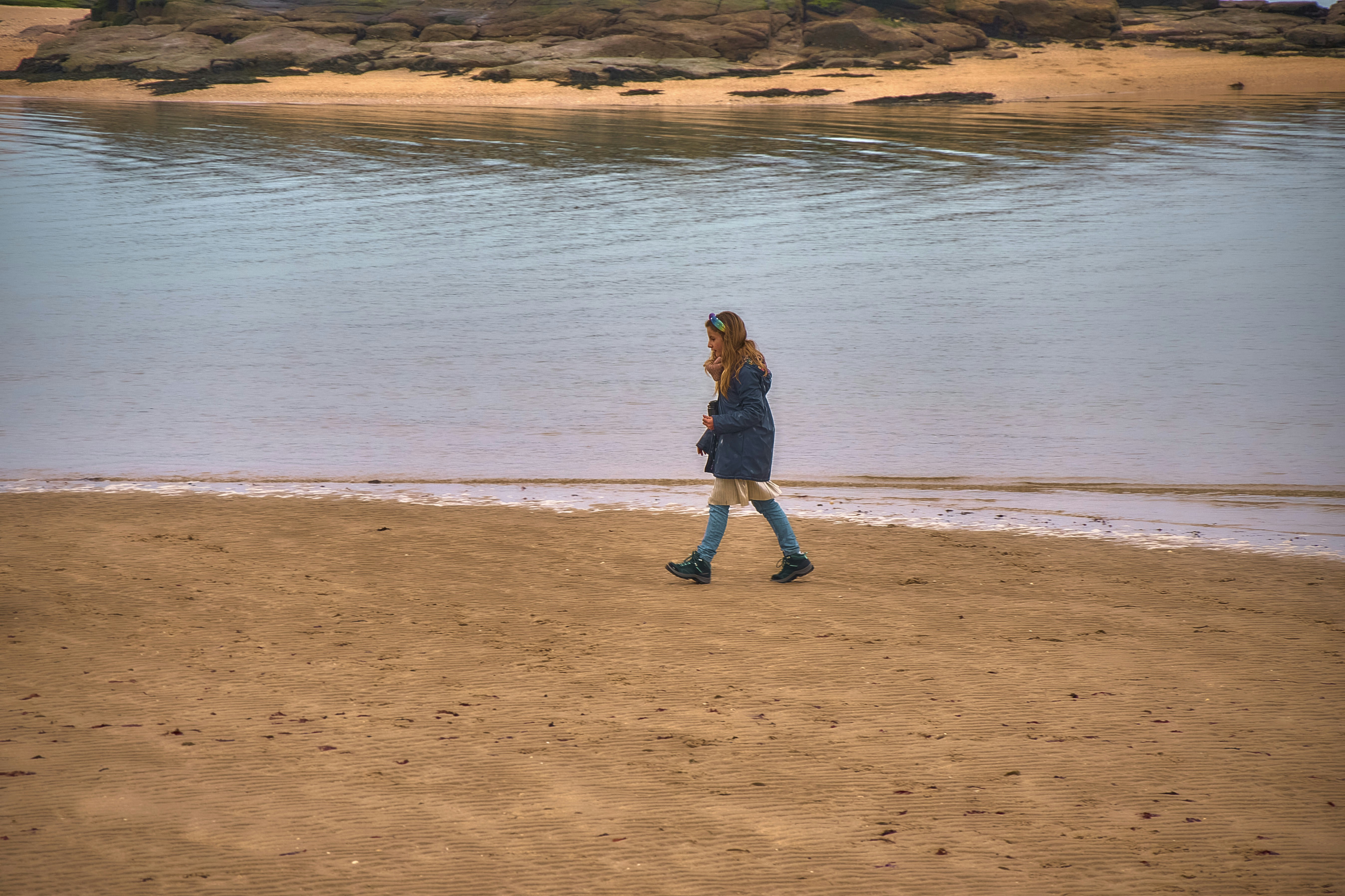 Blue-Coated Wanderer Crossing a Quiet Shore at Low Tide