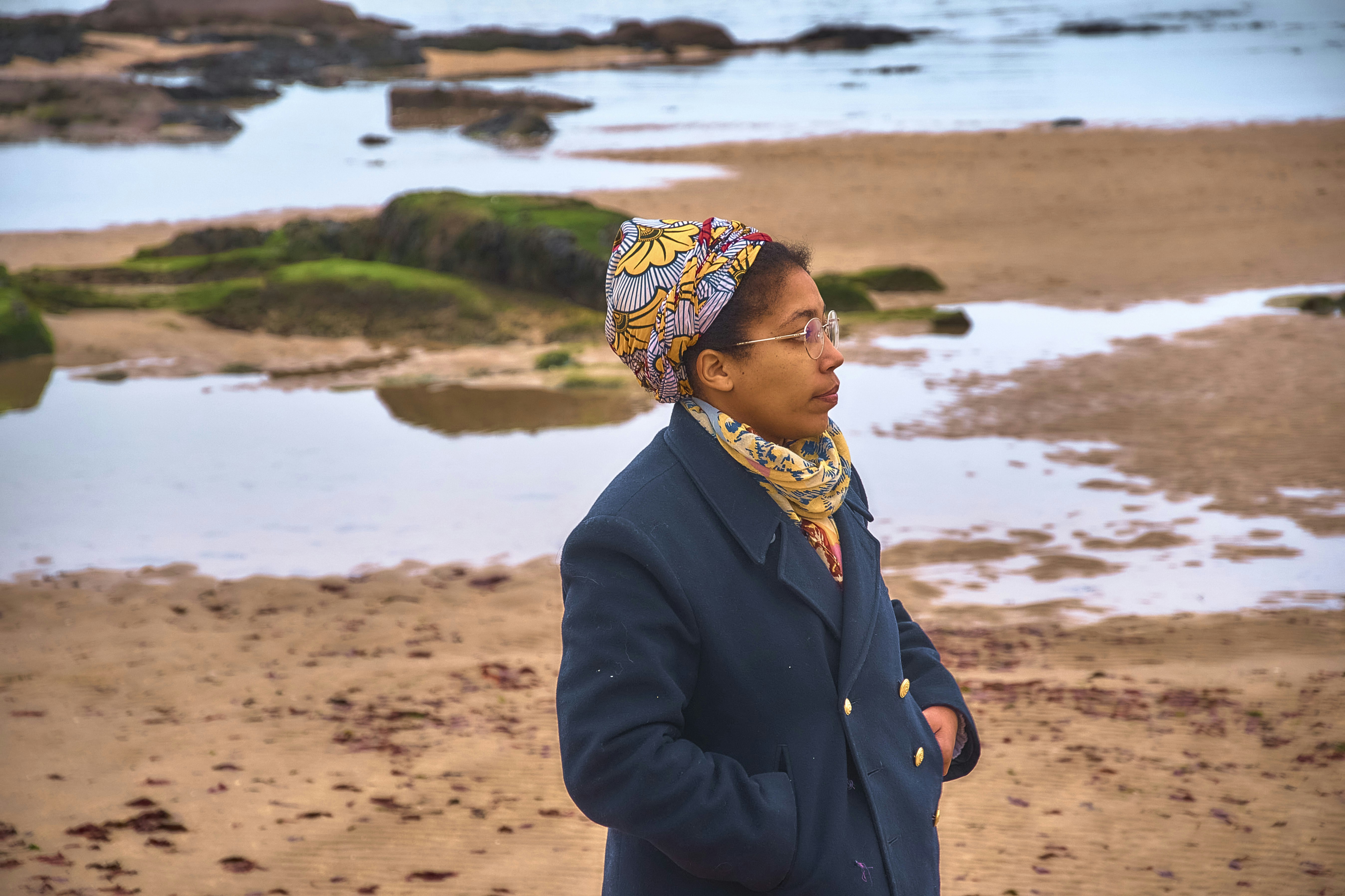 Patterned Silk at the Tide: Portrait on a Wind-Swept Beach