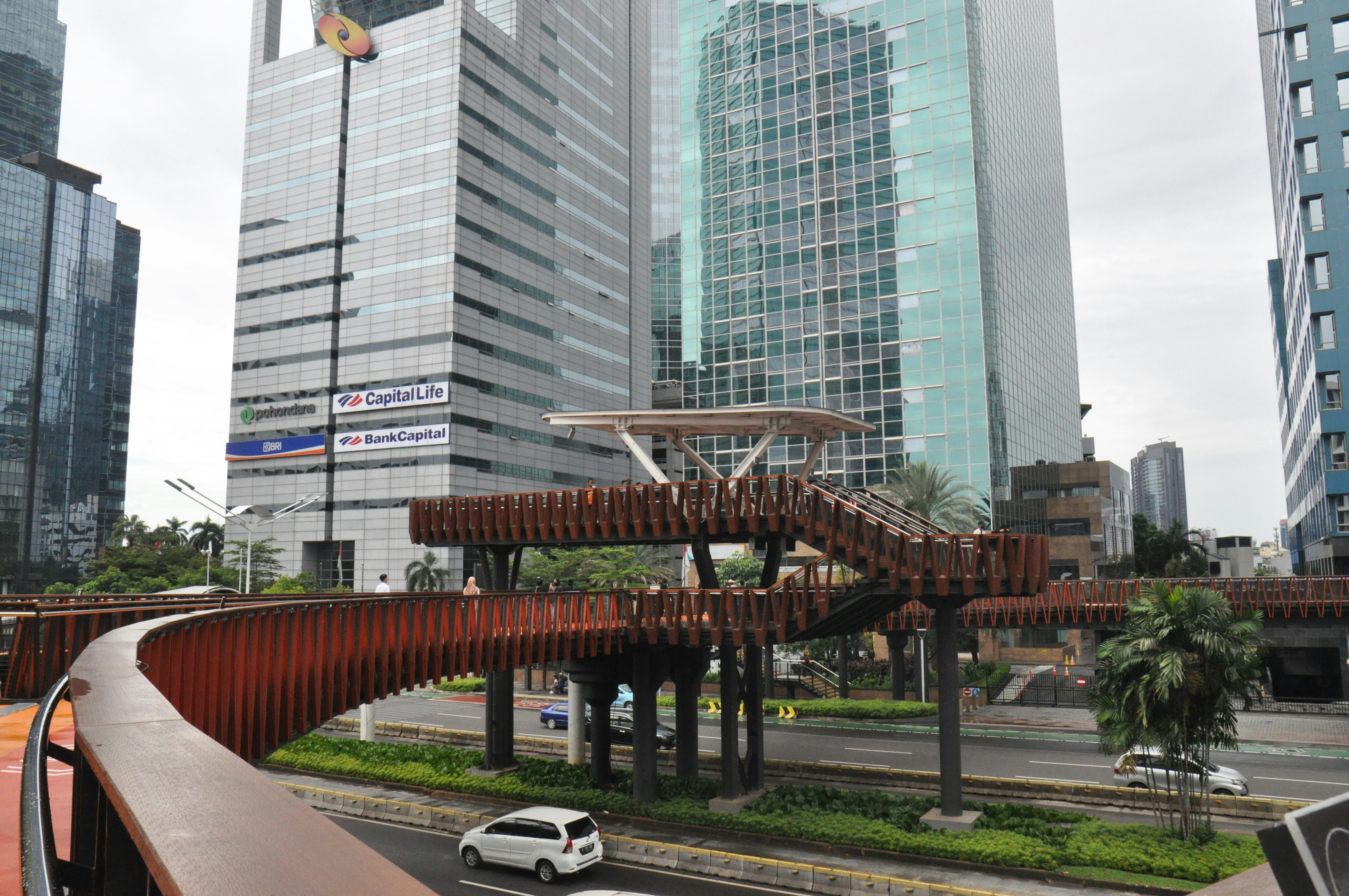Curved Wooden Spine Over a City Street