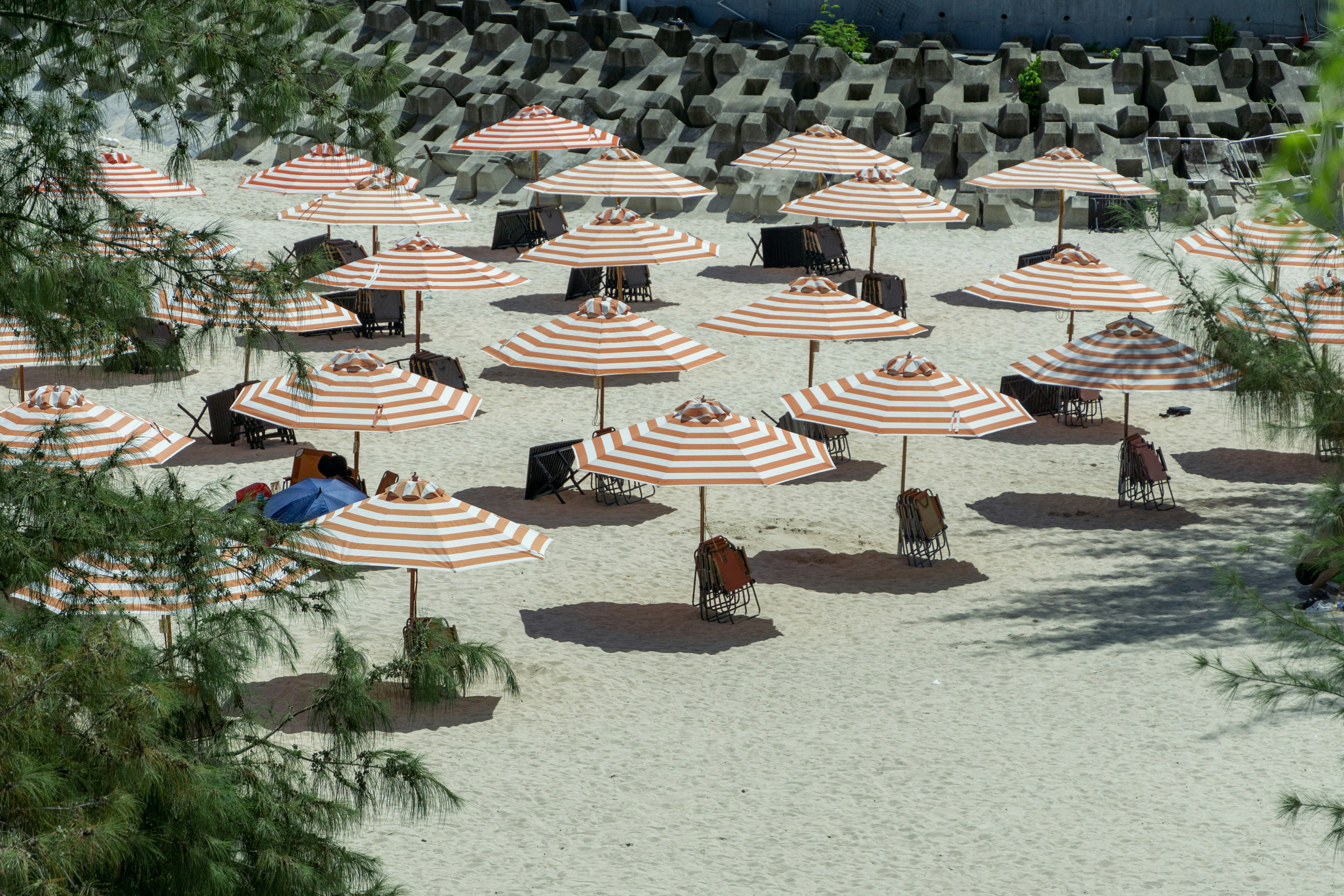 Overhead Mosaic of Striped Beach Umbrellas Across Sunlit Sand