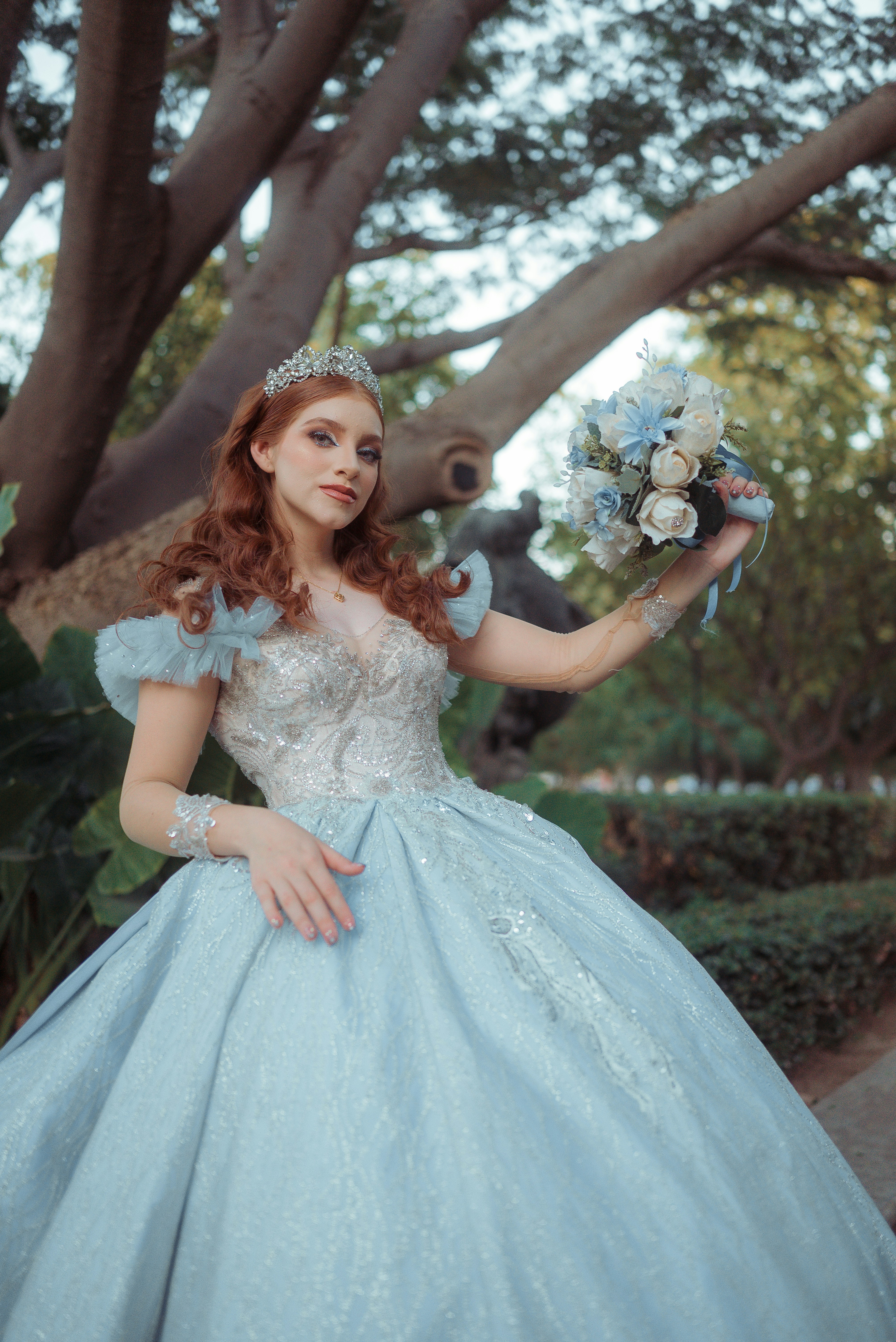 Azure Ball Gown in a Garden Portrait