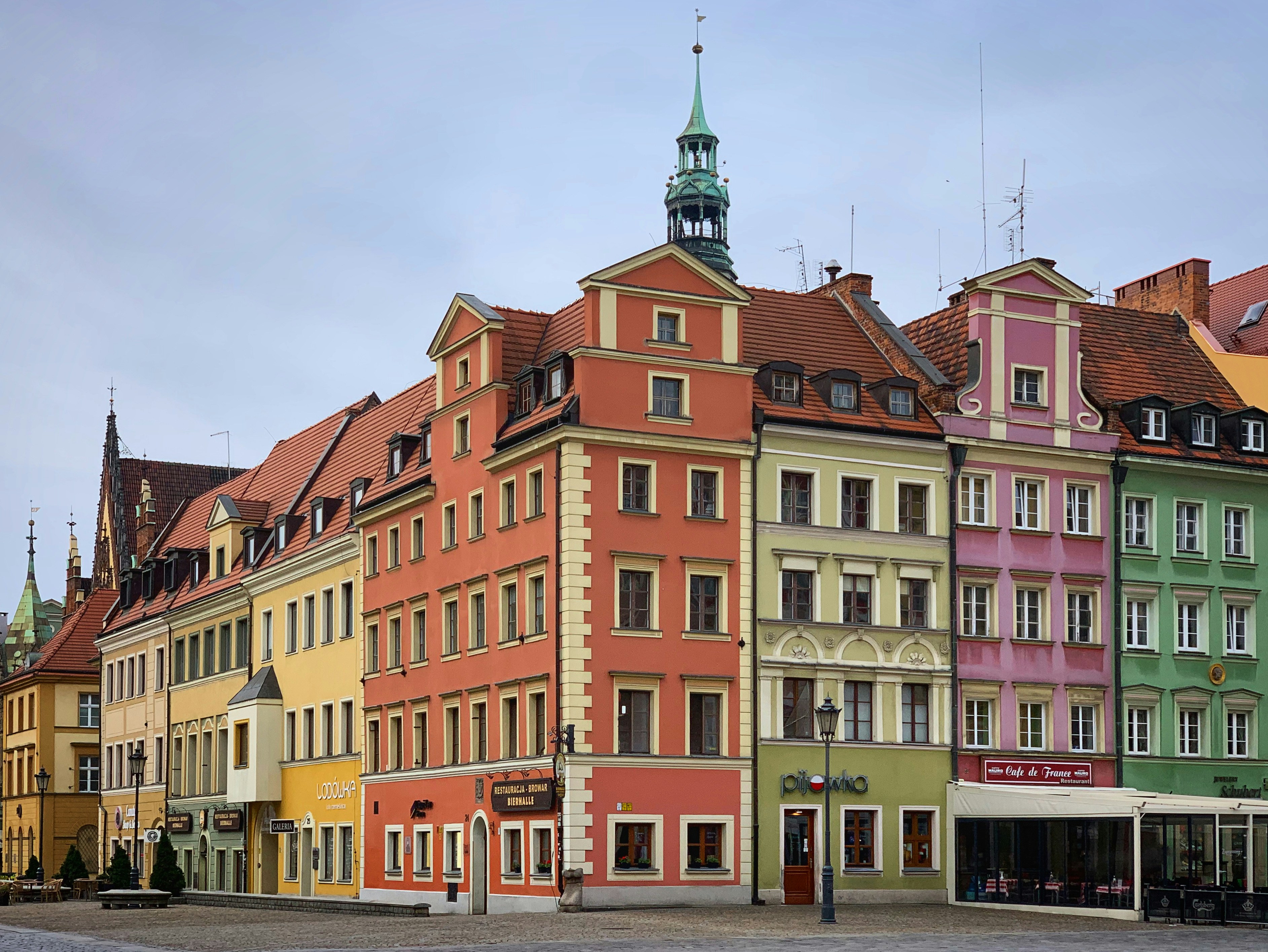 Vibrant historic architecture in Wroclaw's old town Rynek square, Lower Silesia, Poland, November 2019