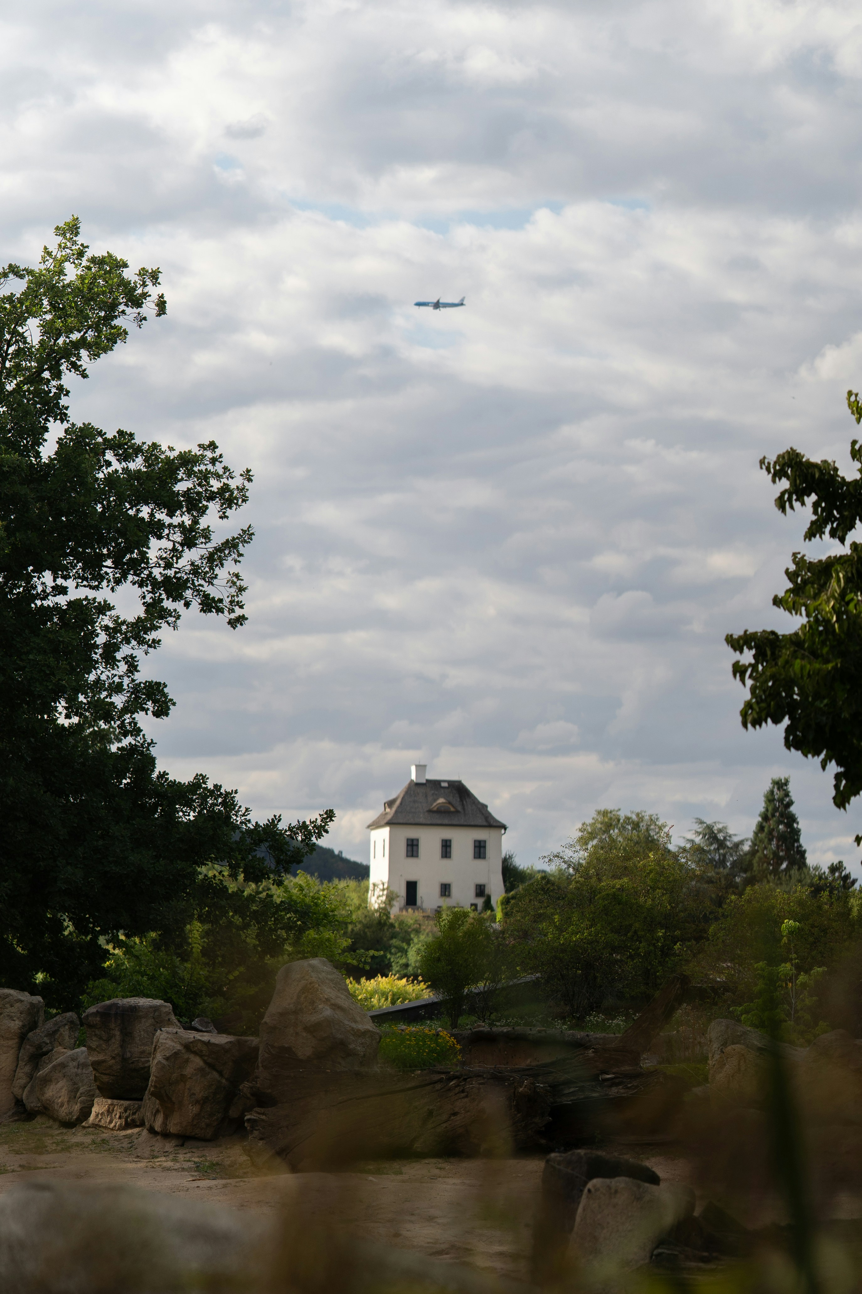 a palne flying ver a house in green area