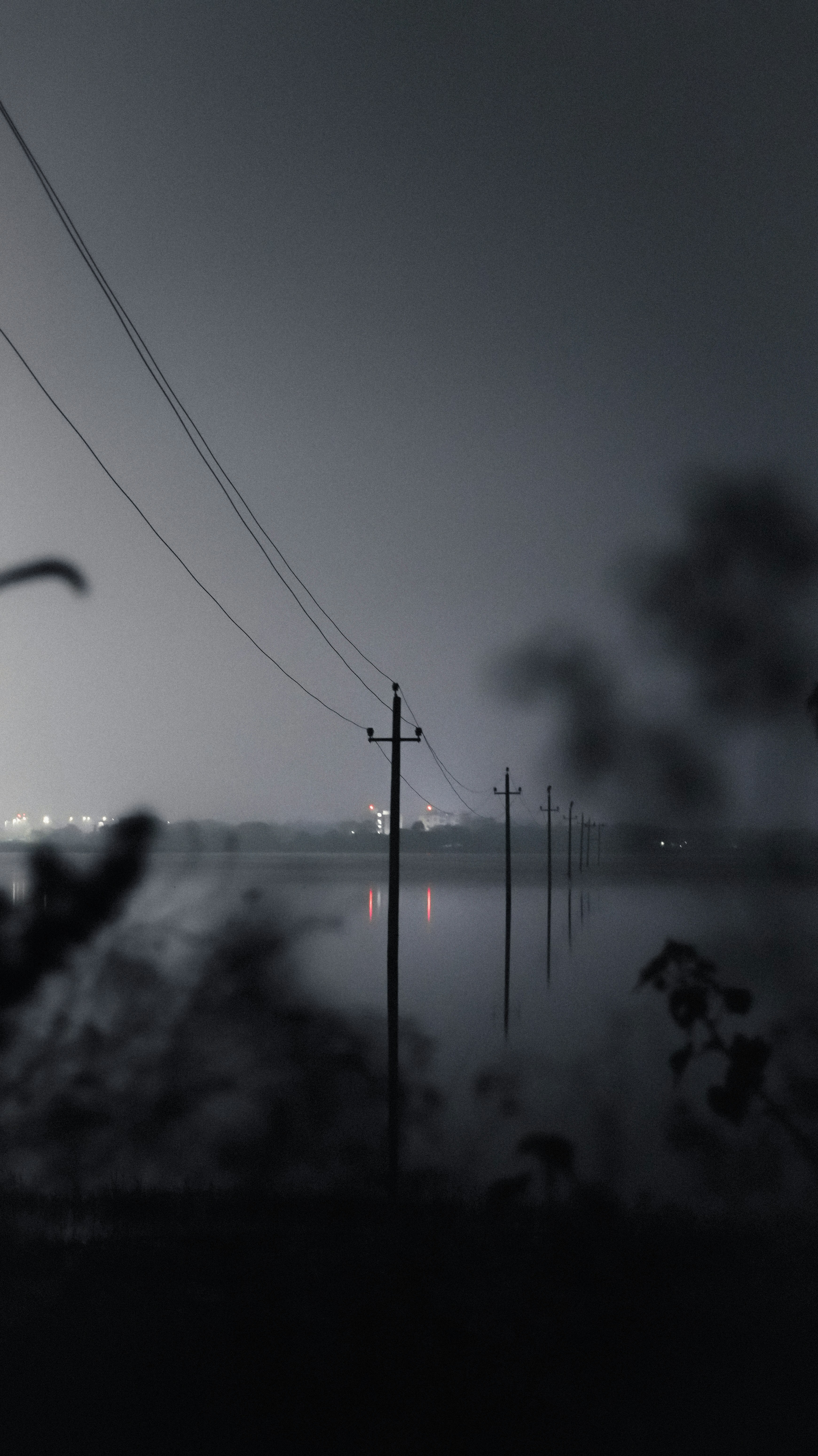 Row of Silent Poles: Nightfall over a Misty Lake