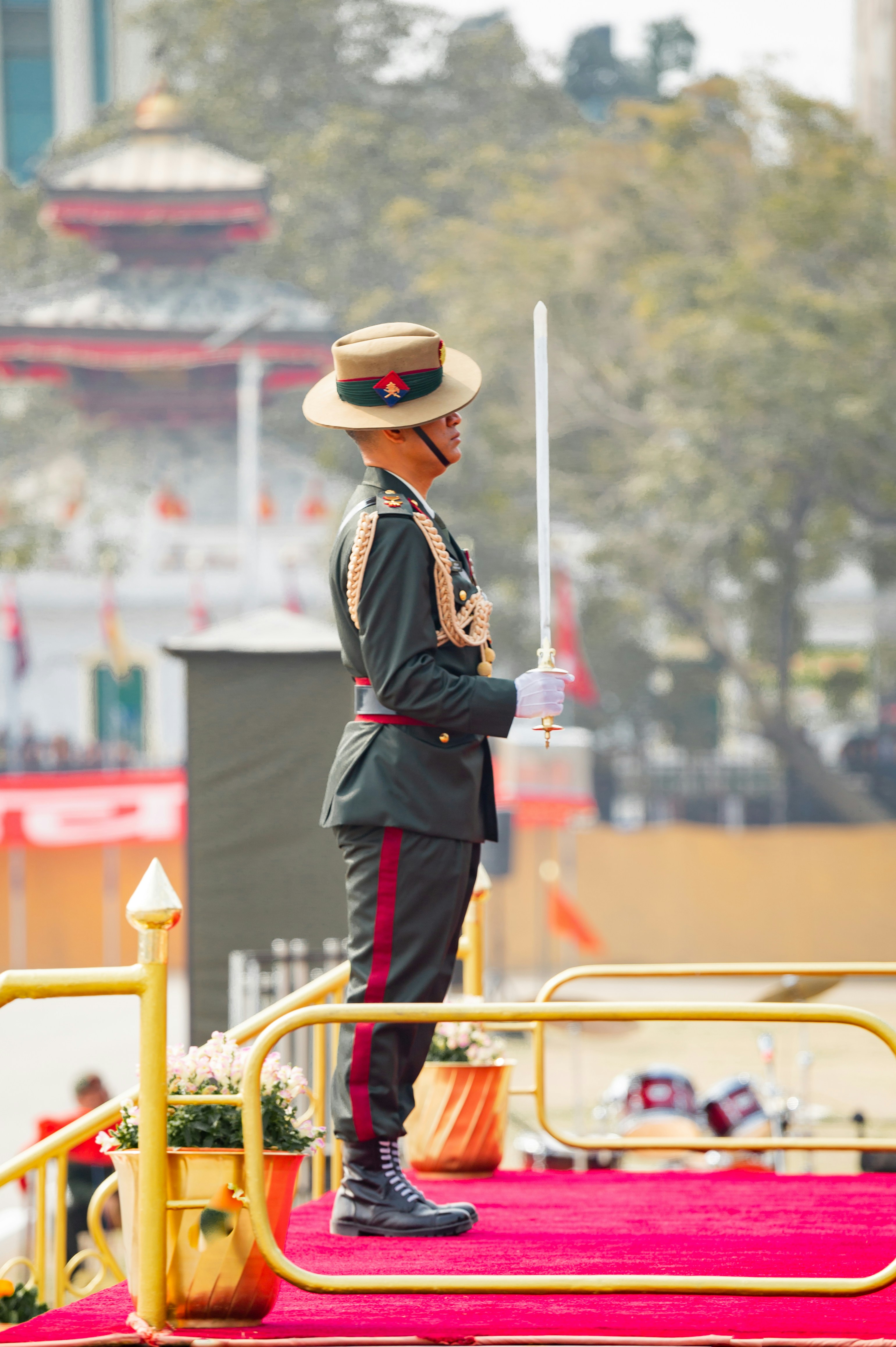 Ceremonial Sentinel on a Crimson Platform: Sword at the Ready