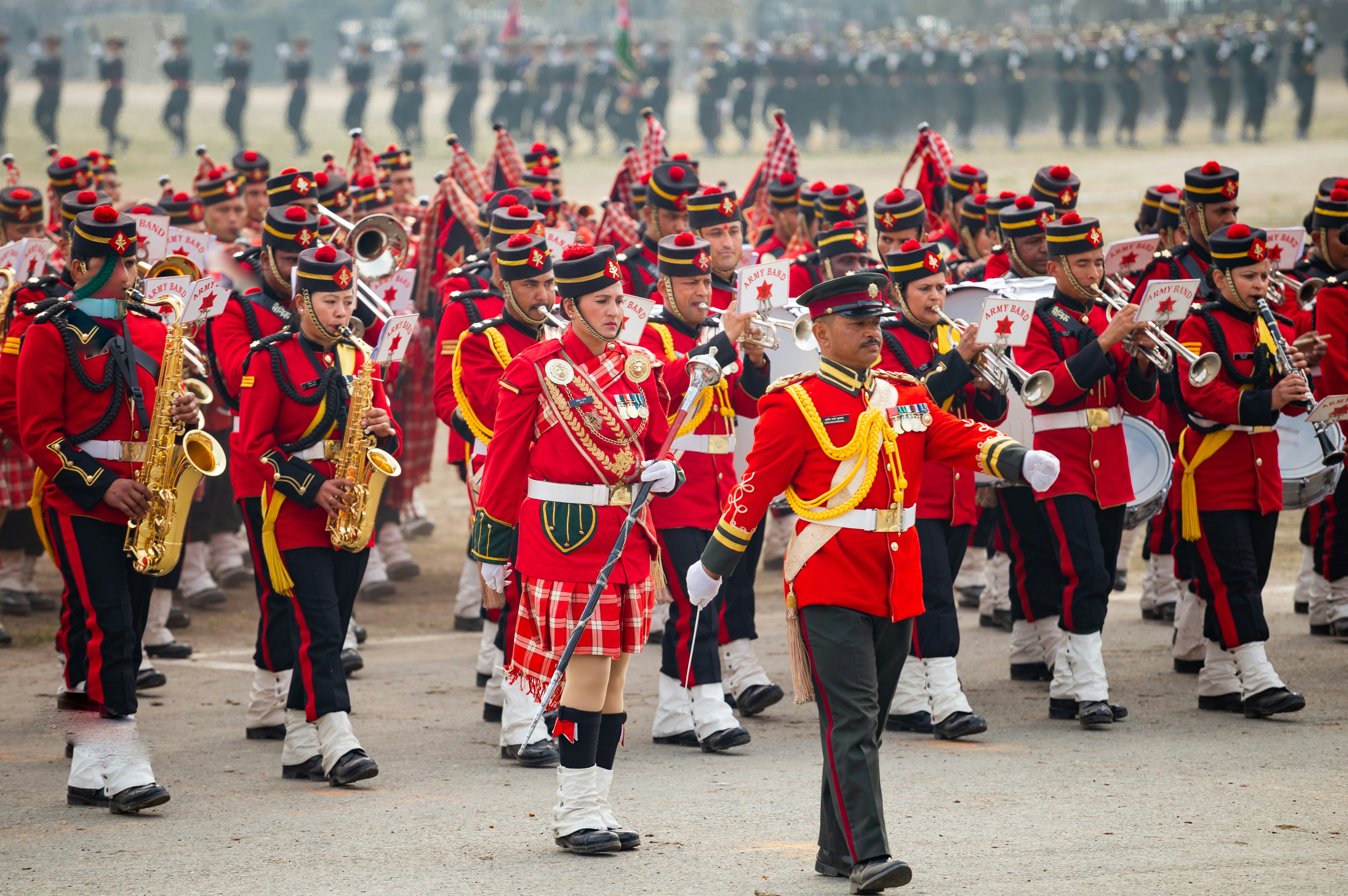 Nepali Army Performing with Band Baja at Kathmandu , Tudikhel in Nepali Army Day