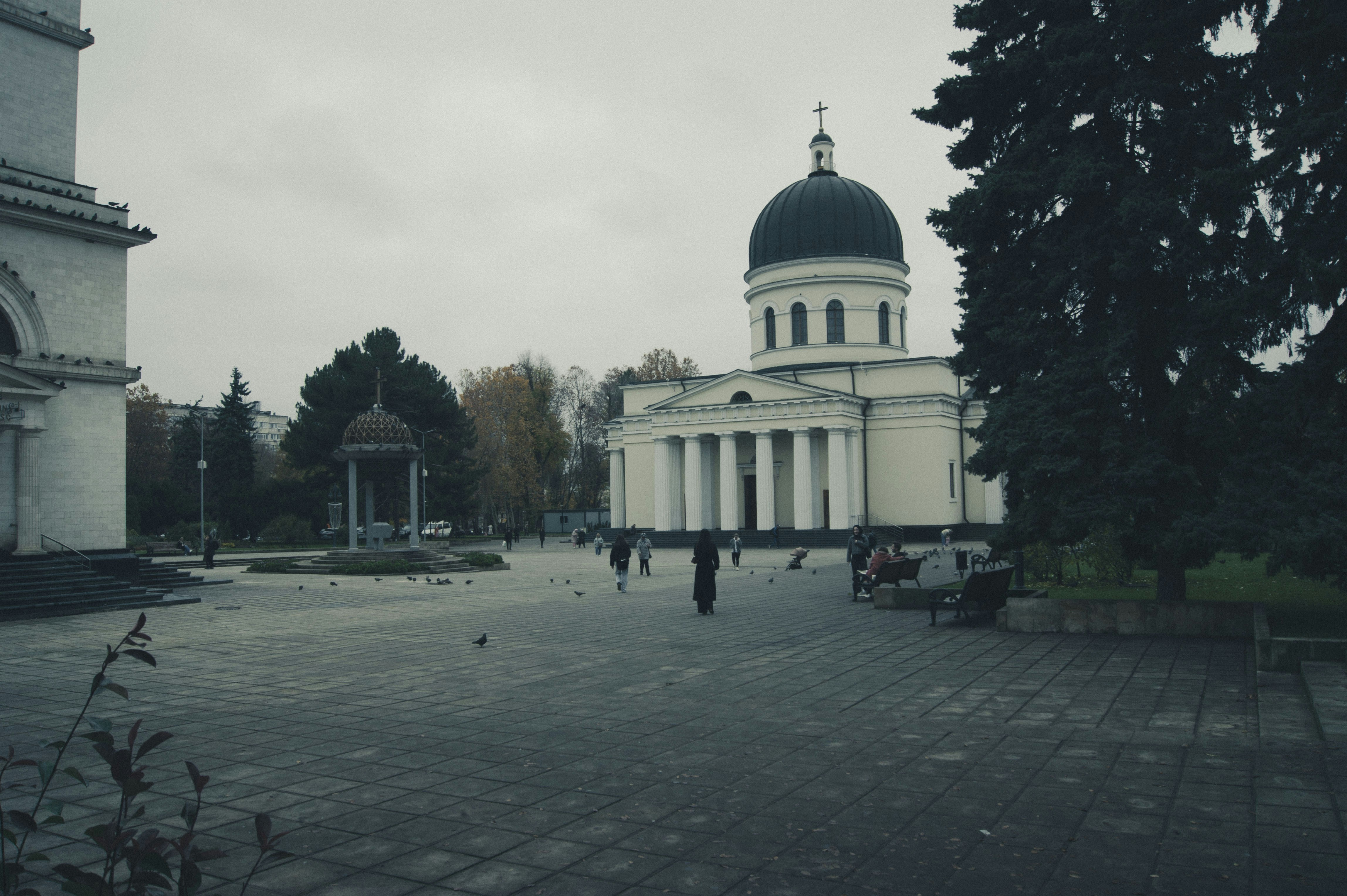 Domed Pavilion Framed by a Quiet City Square on an Overcast Day