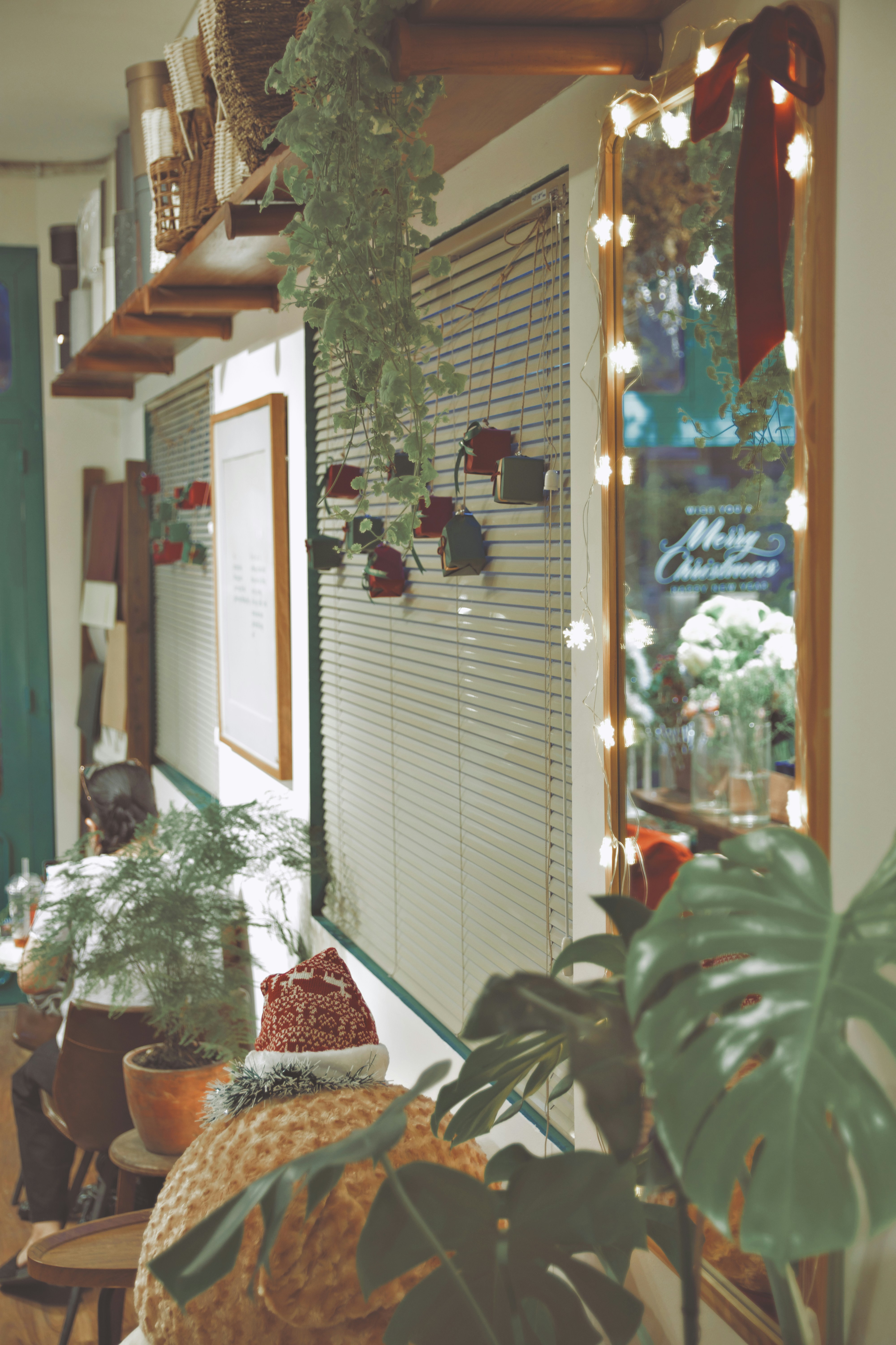 Cozy Green Corner: A Sunlit Café Dressed in Plants and Fairy Lights