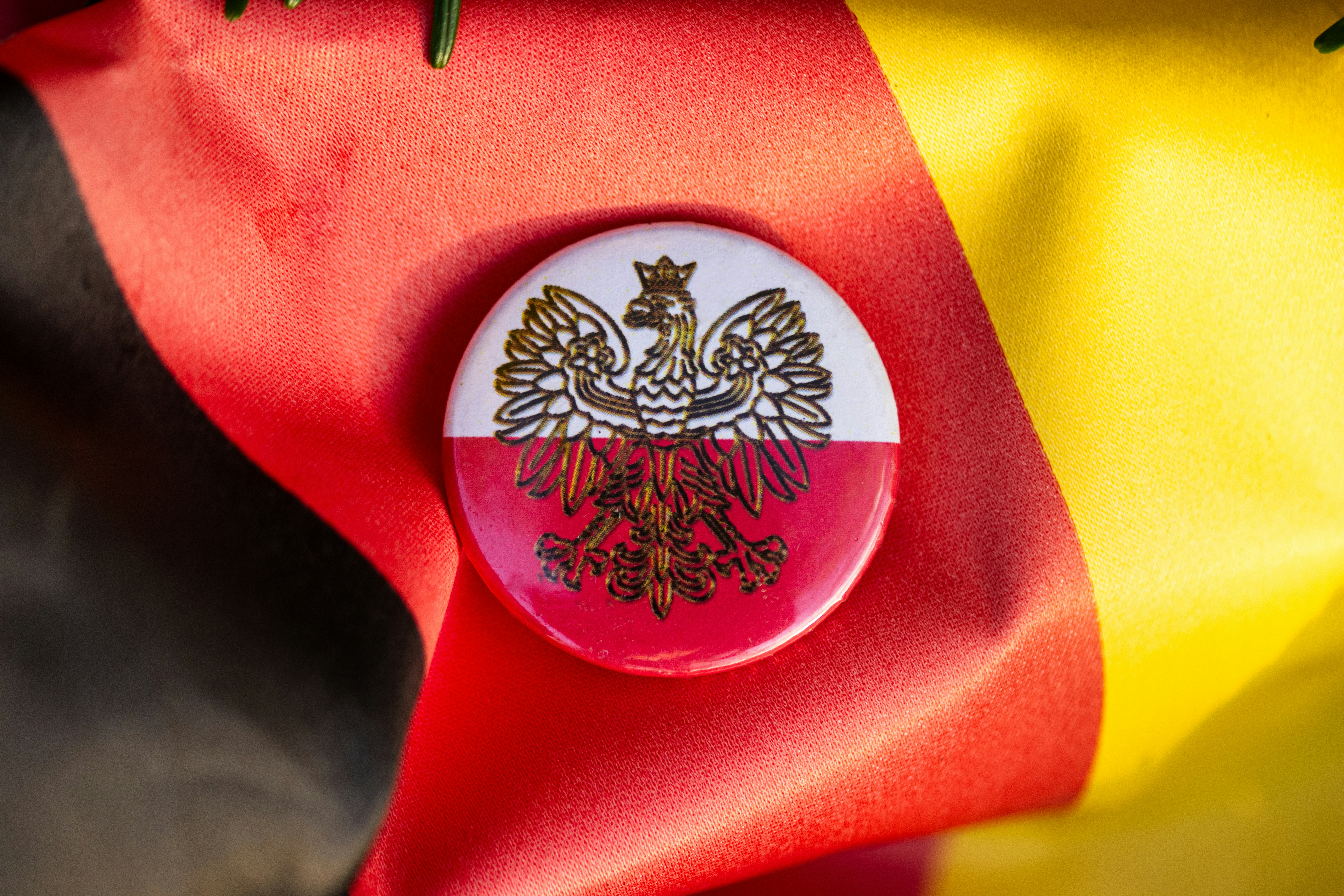Button with Polish national symbols on a wreath bow with German national colours