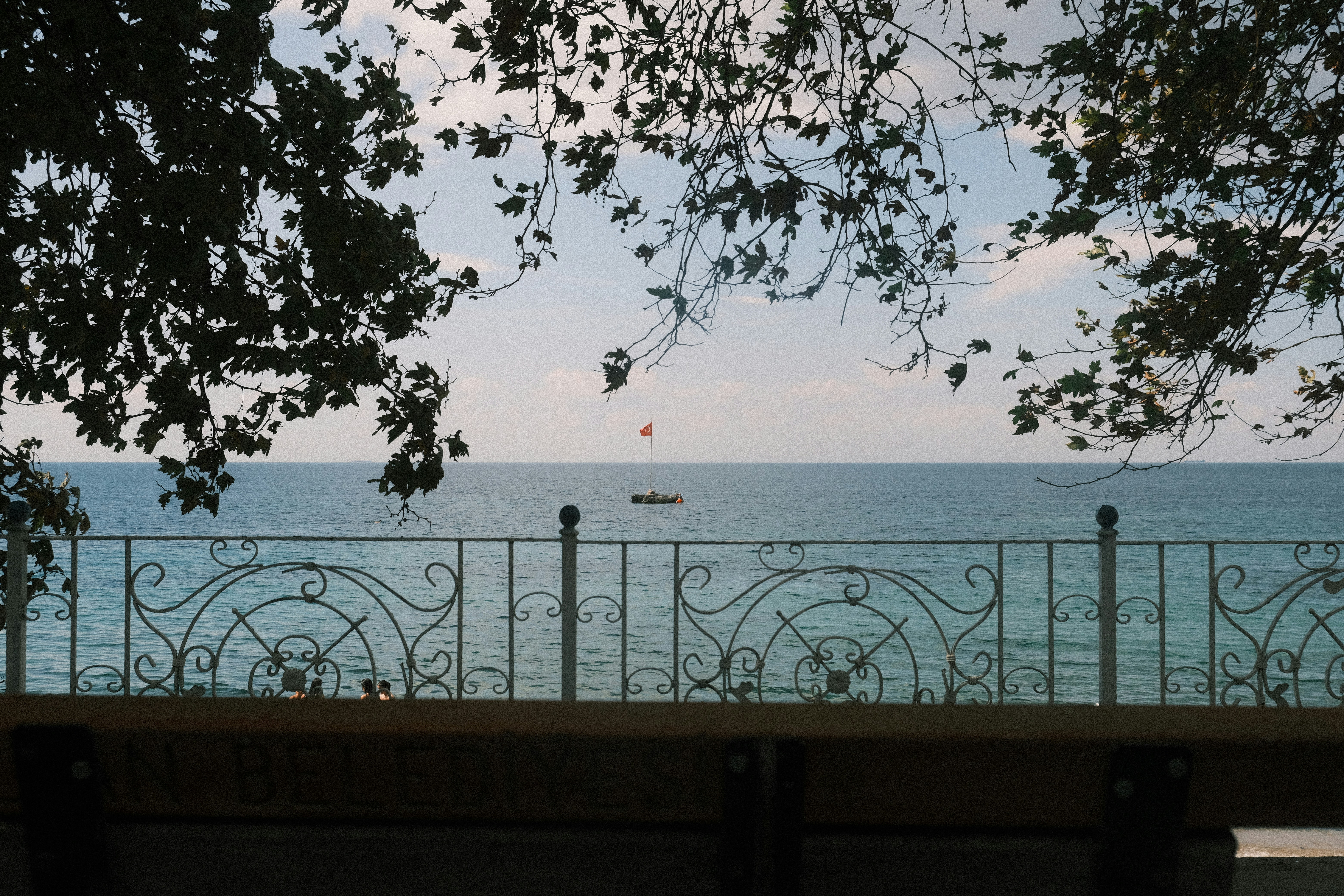 Red Flag on the Quiet Horizon: A Benchside Seascape Framed by Branches