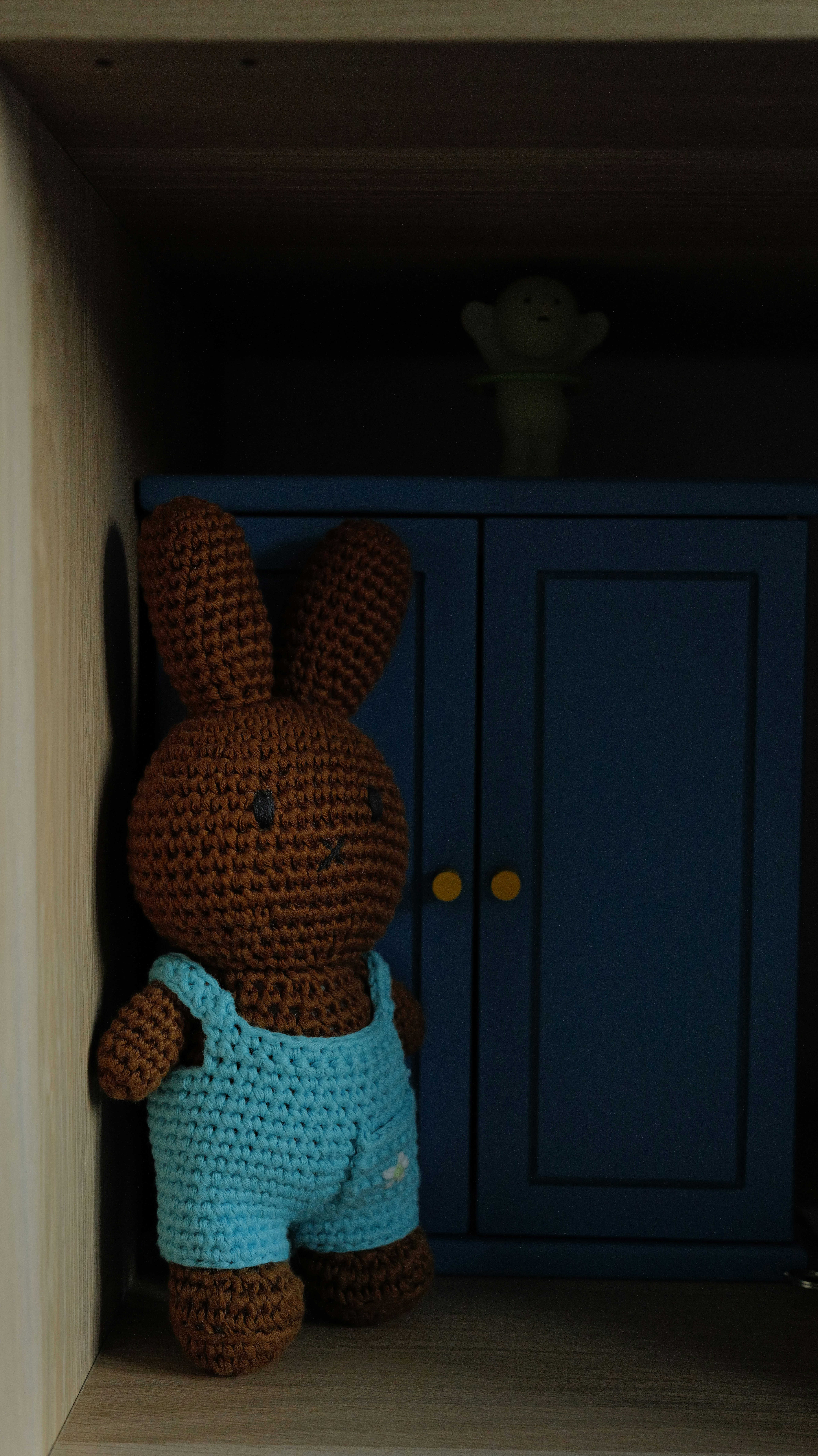 Dimly Lit Crochet Bunny Guarding a Blue Wardrobe