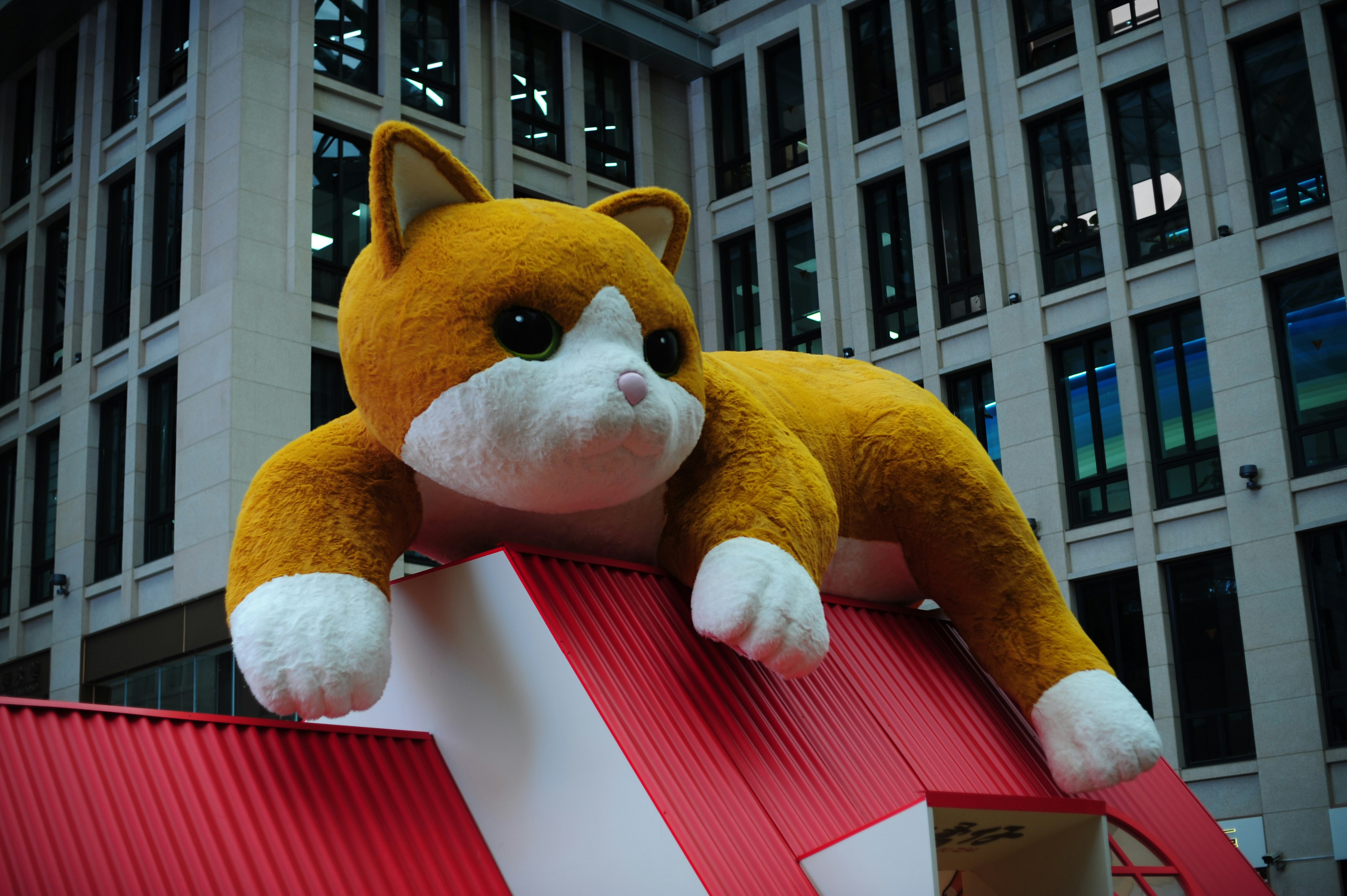 Urban Plush Guardian: A Giant Cat Over a Crimson Installation
