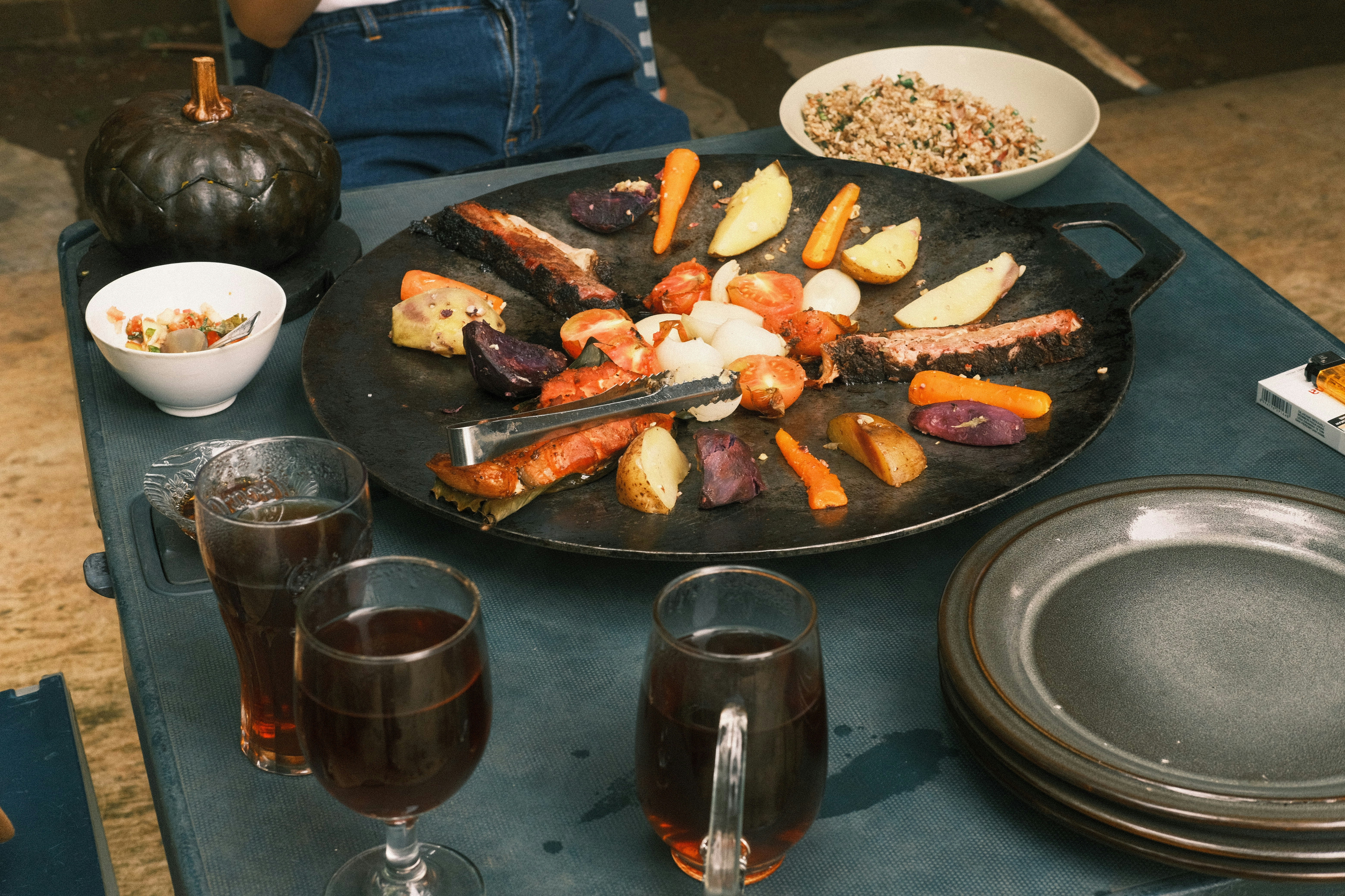 Sizzling Mosaic: Charred Veggies and Sausages on a Cast-Iron Platter