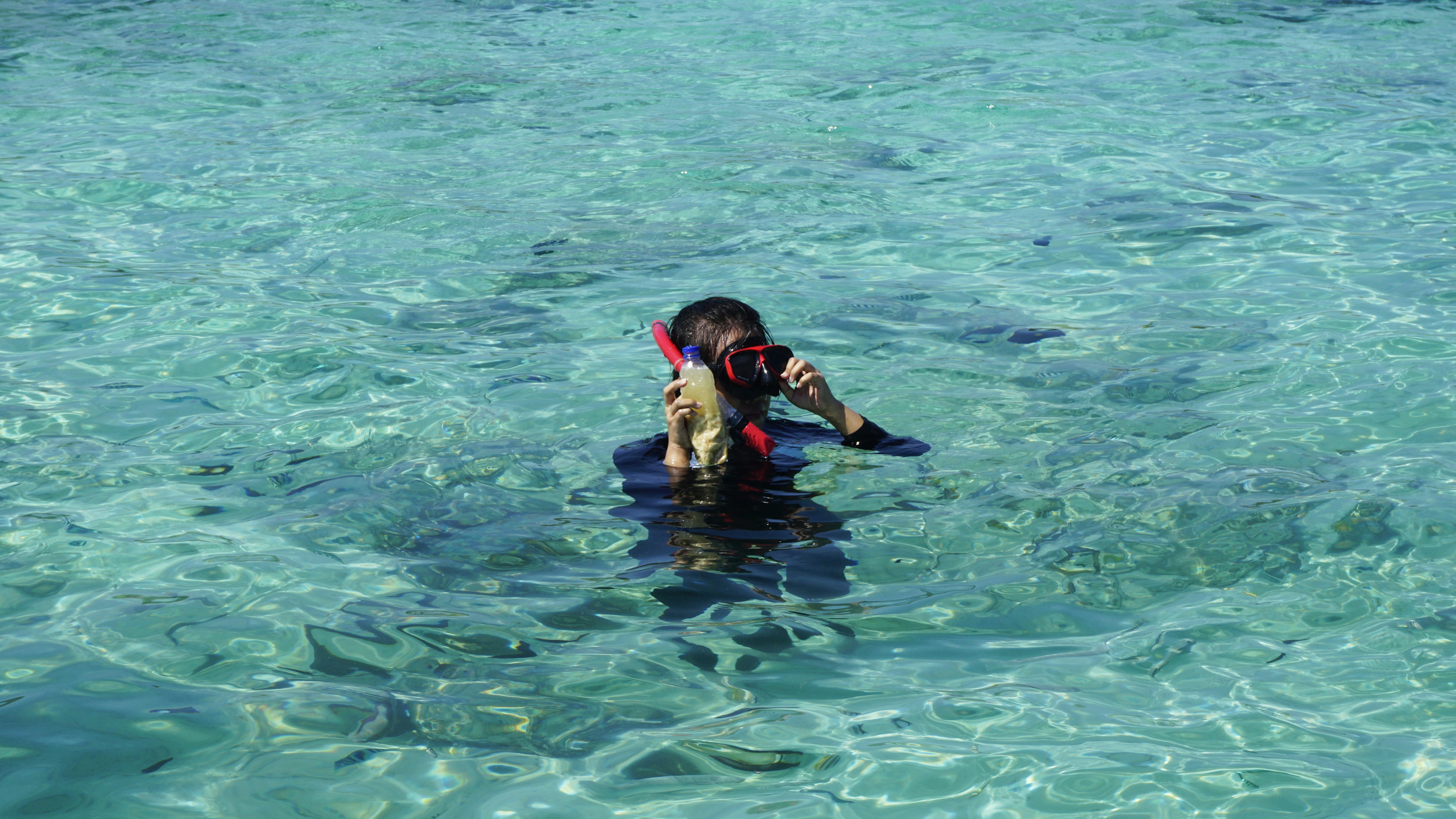 A snorkeler floating in crystal-clear turquoise water, holding a bottle while adjusting their mask. The sunlight creates shimmering patterns on the surface, highlighting the vibrant clarity and tropical feel of the sea. A moment that captures adventure, calm, and the beauty of pristine ocean waters