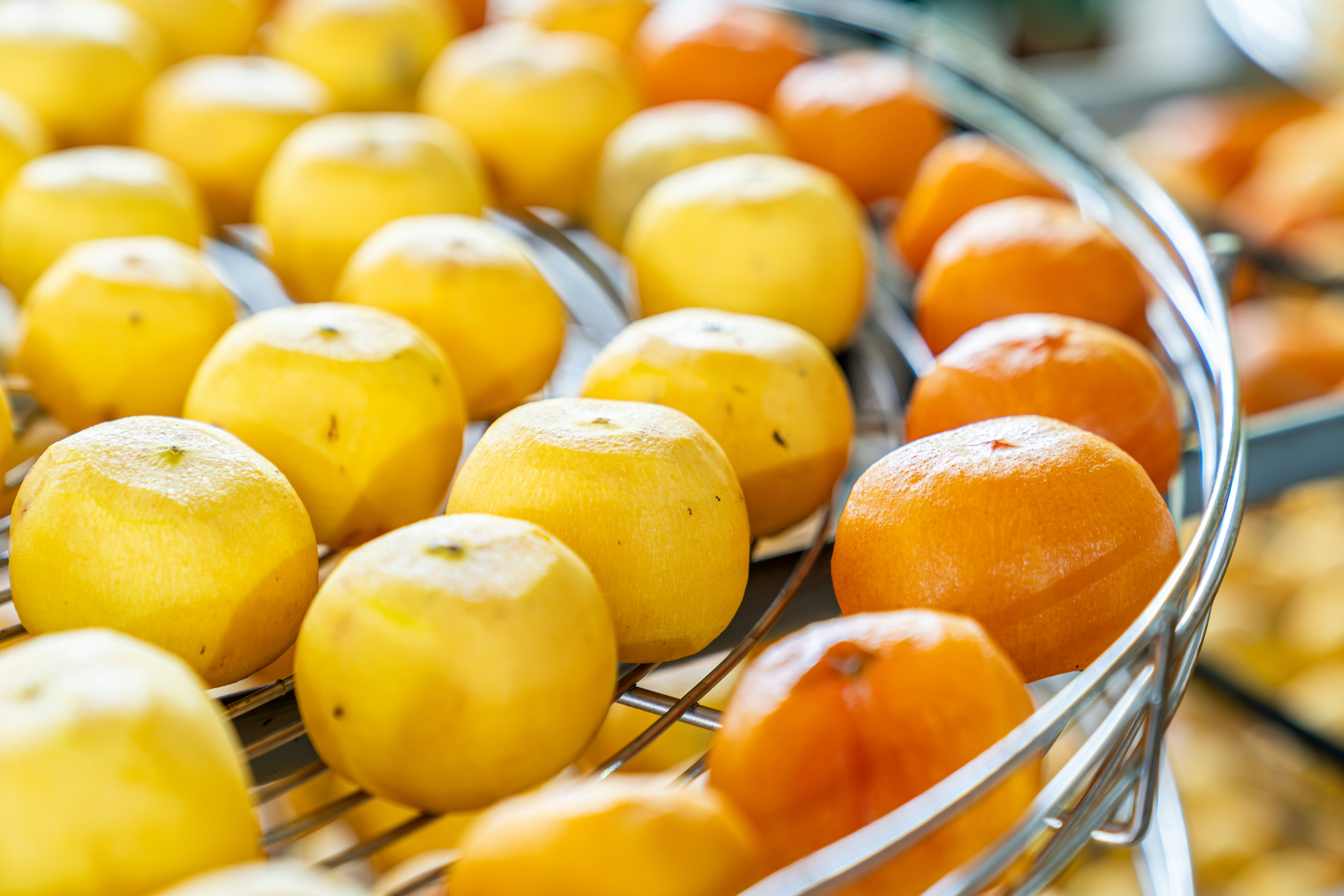 Rows of yellow and orange fruits arranged on a rack photo – Free Orange ...