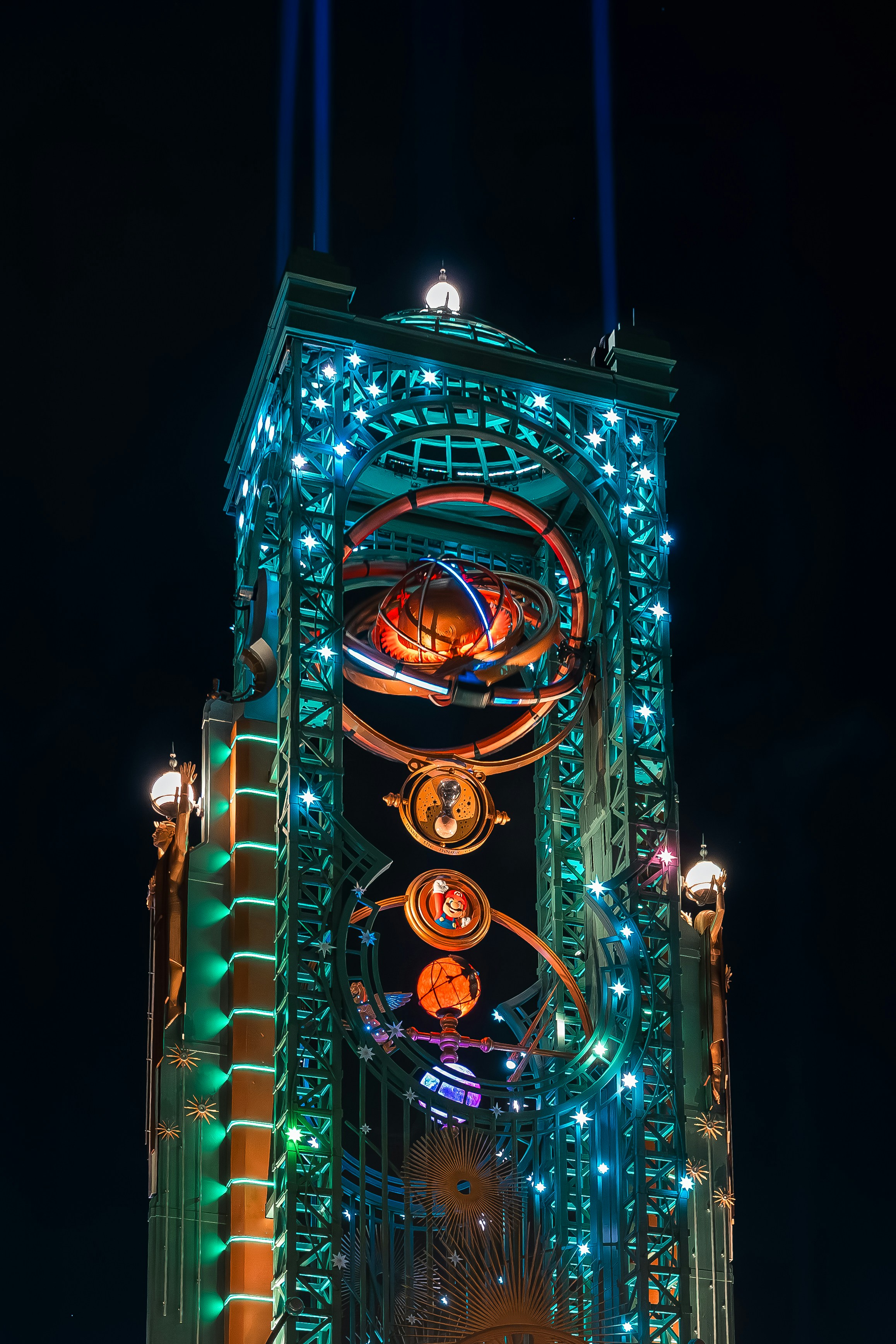 Neon Orbit: Night Clocktower Wrapped in Teal Gears